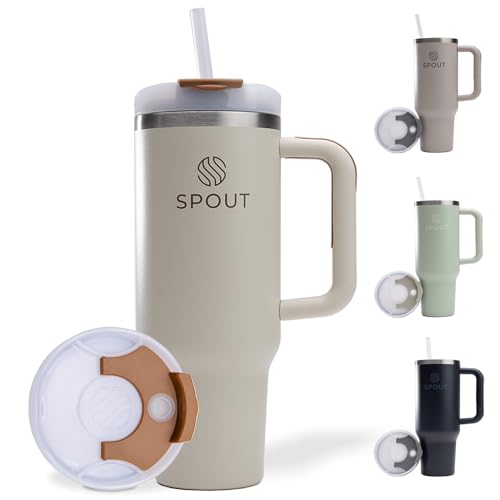 SPOUT 40 oz Tumbler With Handle And Straw, Insulated Stainless Steel Water Bottle With Straw - Travel Mug | BPA Safe Tumblers | Iced Drinks, Water, Cold/Hot Coffee - Cupholder Friendly - Cream