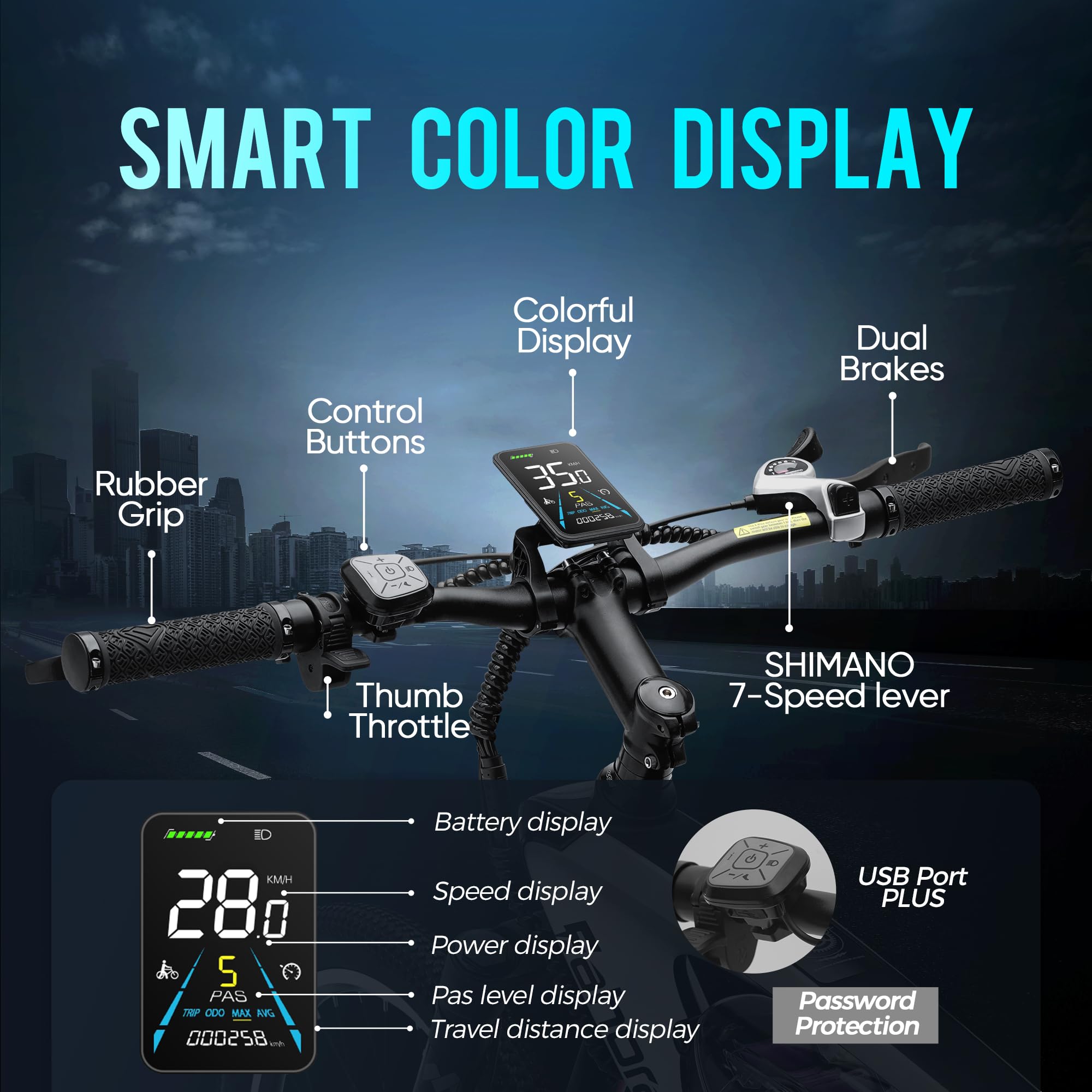 eAhora APUS Peak 1000W Electric Bike 20Ah Carbon Fiber Electric Bikes 26 Inch Electric Mountain Bike,Color Display with USB Port, GRAY