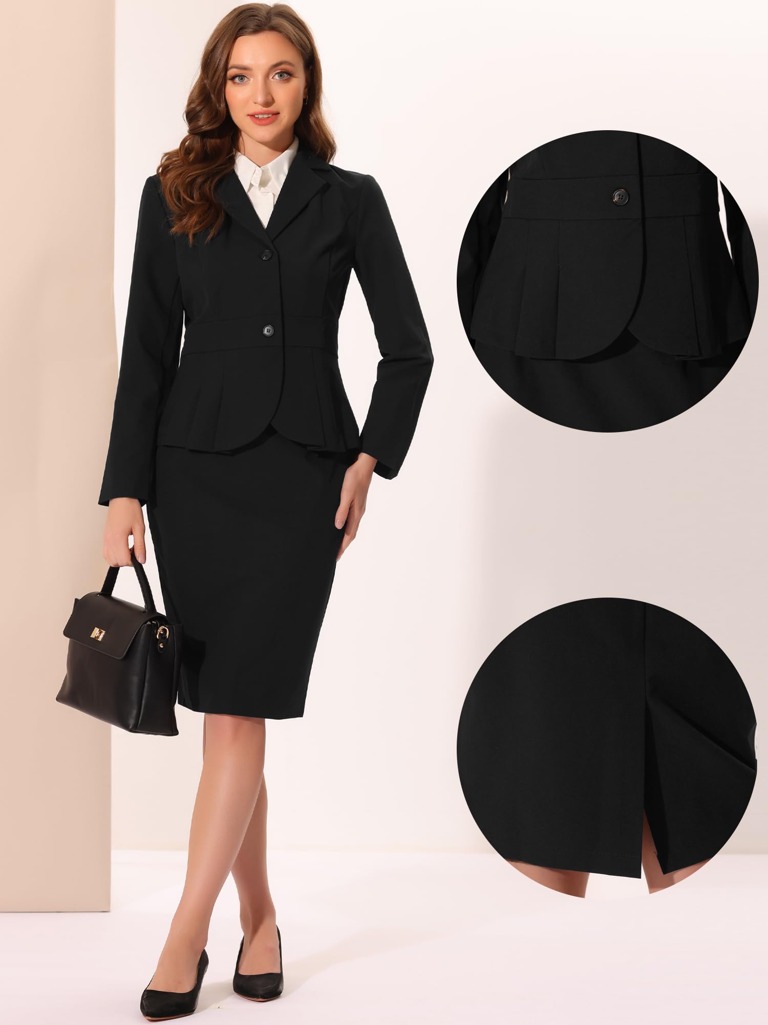 Allegra K Skirt Suit Sets for Women's 2 Piece Formal Office Notched Lapel Peplum Jacket Blazer Pencil Skirts Set Large Black