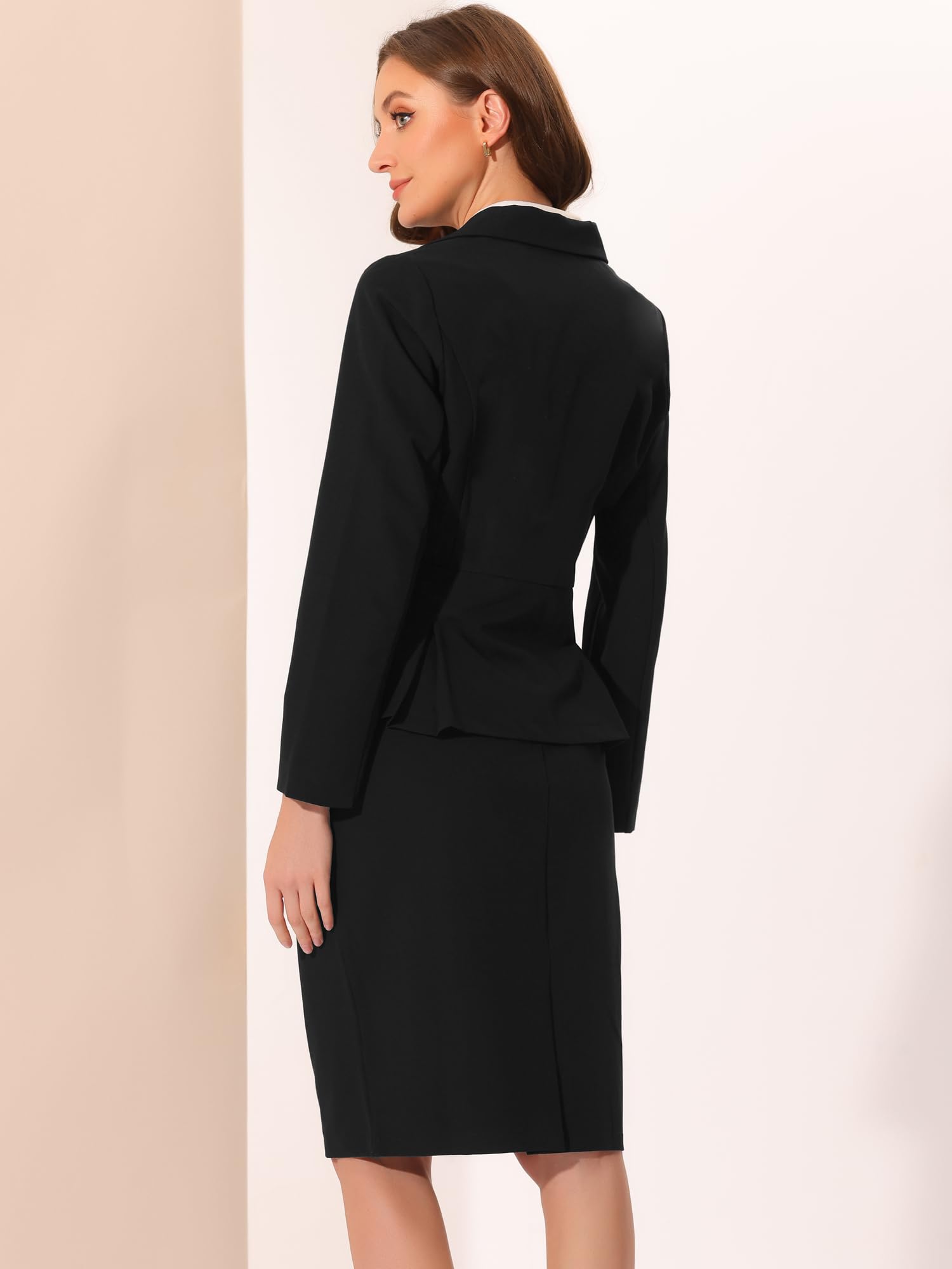 Allegra K Skirt Suit Sets for Women's 2 Piece Formal Office Notched Lapel Peplum Jacket Blazer Pencil Skirts Set Large Black