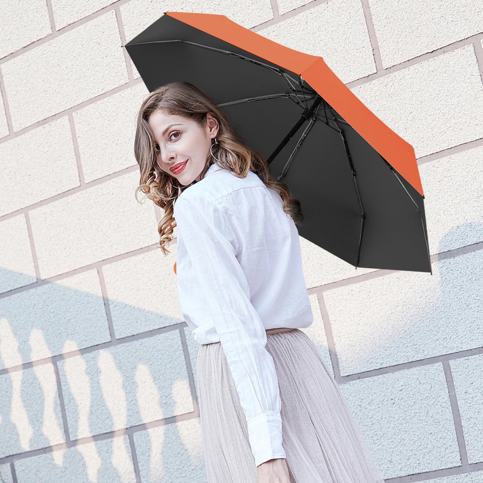 Trenovo Travel Mini Folding Compact Umbrella With Case - 8 Ribs Lightweight Portable for Sun & Rain, Small Pocket for Girls and Women - Orange