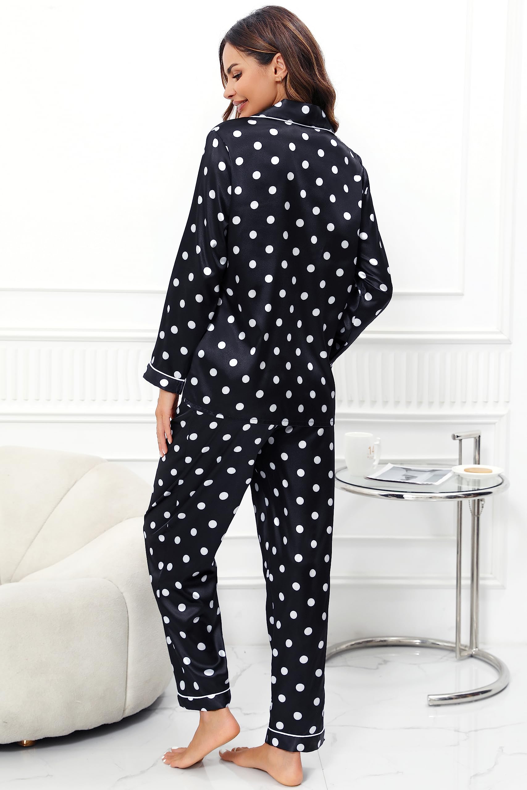 Anjue Two Piece Silk Pajamas for Women Button Down Loungewear Shorts Short Sleeve Sleepwear Set(White Dot,S)