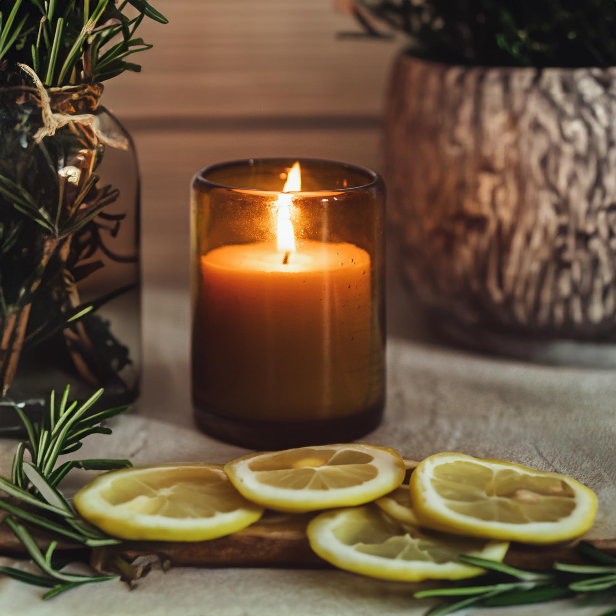 Lemongrass, Cassia & Rosemary Essential Oil & Pure Beeswax Candle in Blown Glass Jar - Bluecorn Beeswax Botanica. 8 oz.