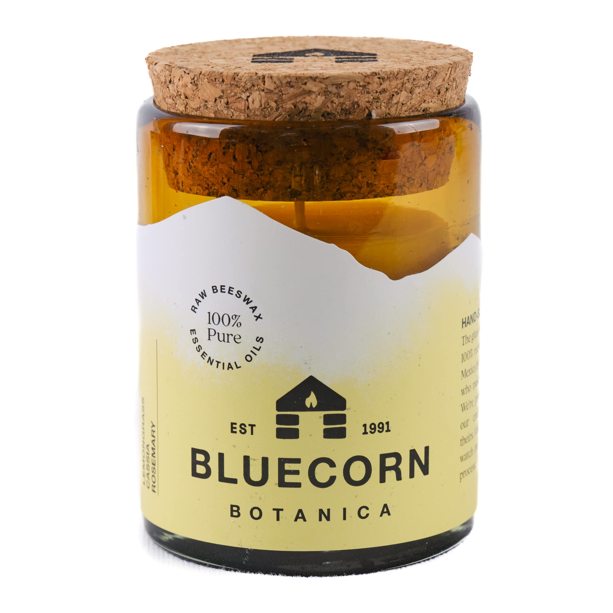 Lemongrass, Cassia & Rosemary Essential Oil & Pure Beeswax Candle in Blown Glass Jar - Bluecorn Beeswax Botanica. 8 oz.