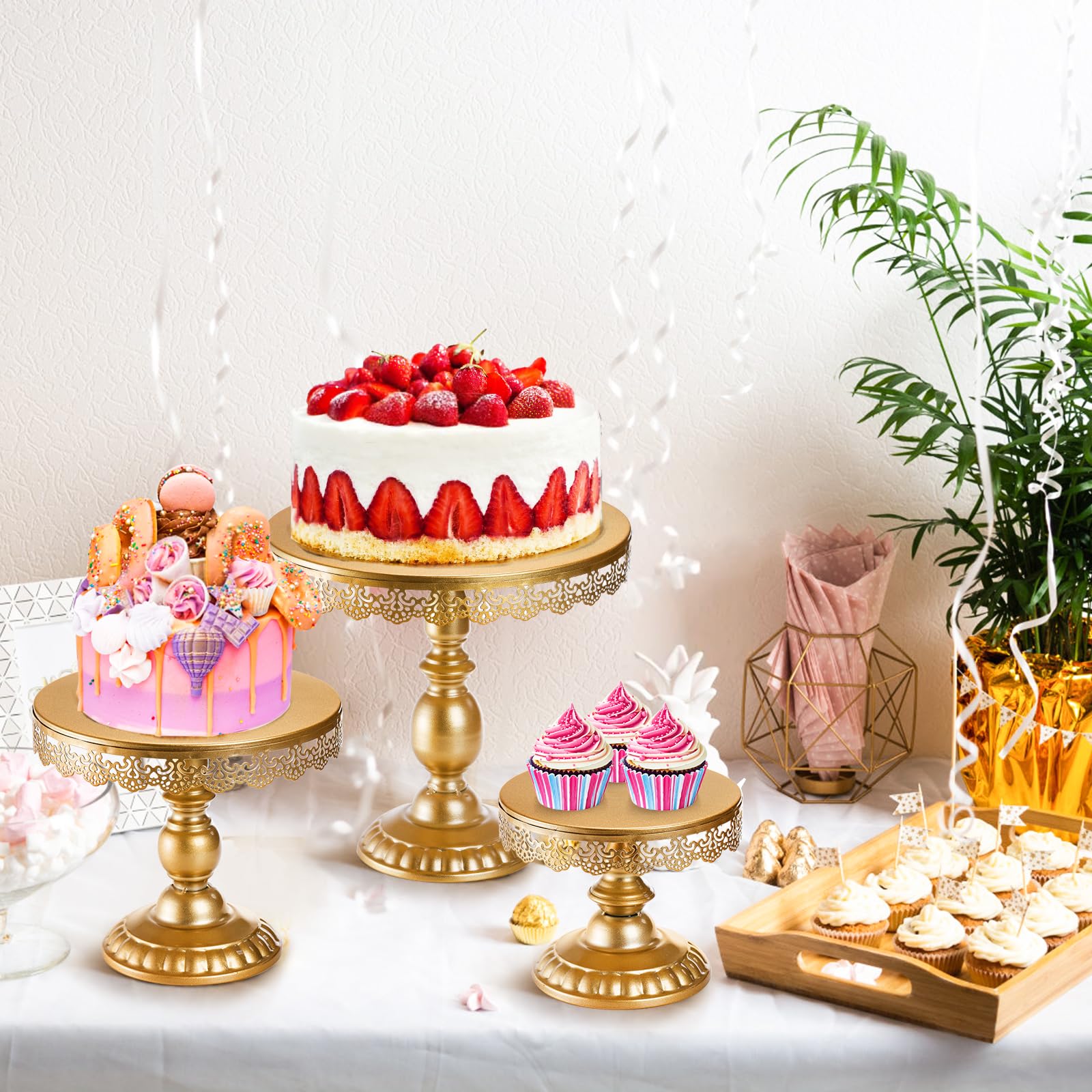 ZOOFOX 3 Pack Gold Cake Stand Set, Metal Cake Holder Dessert Display Plate Serving Tray for Baby Shower Wedding Birthday Party