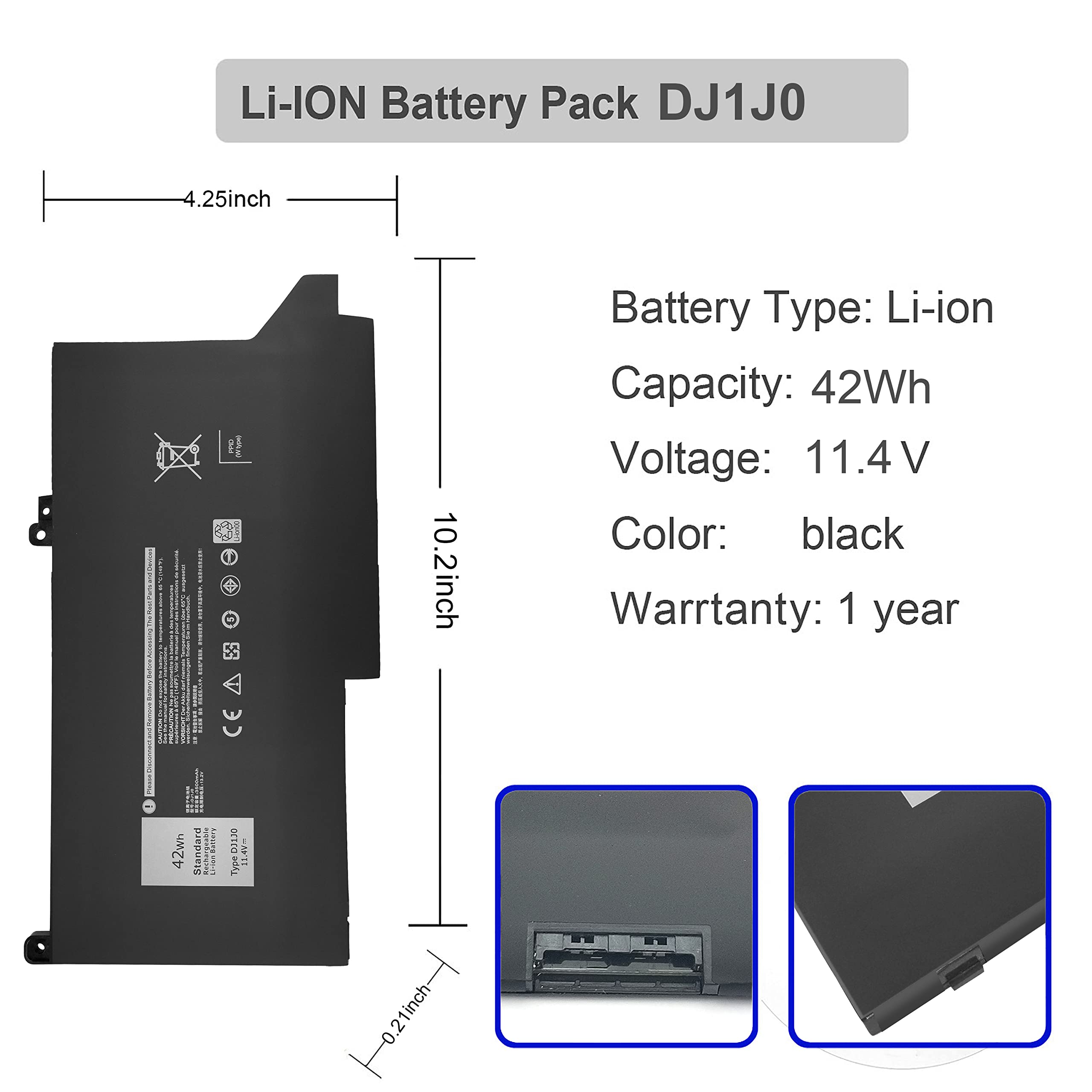 Shyarweyy 42Whr 11.4V Battery DJ1J0 for Dell Latitude 12 7280 E7280 7290 E7290 13 7380 E7380 7390 E7390 14 7480 E7480 7490 E7490 Series DJ1JO P28S P28S001 451-BBZL KHY0C K8X0T1 ONFOH PGFX4 C27RW