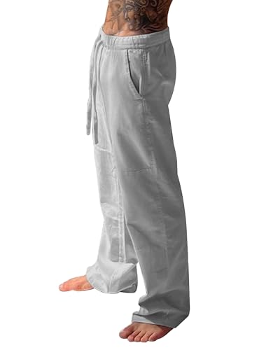 YAOBAOLE Mens Lounge Pants Lightweight Baggy Linen Pants Elastic Waistband Light Grey M