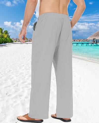 YAOBAOLE Mens Lounge Pants Lightweight Baggy Linen Pants Elastic Waistband Light Grey M