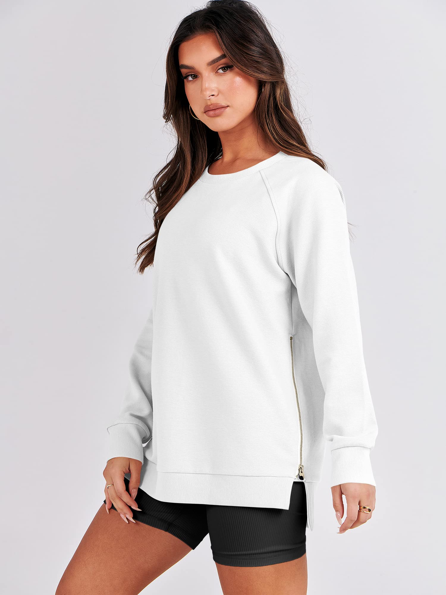 ANRABESS Womens Oversized Sweatshirt Crewneck Long Sleeve Tunic Pollover Shirt Side Zipper Hoodie Sweater 2025 Spring Clothes White X-Large