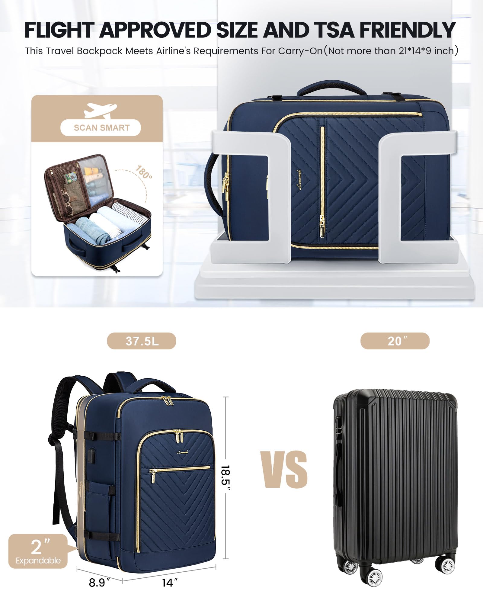LOVEVOOK Carry on Backpack,Travel Backpack Airline Approved with Toiletry Bag,Expandable 30-40L Large Laptop Backpack Women Waterproof, Fit 17.3 Inch with USB Charging Port Shoes Compartment