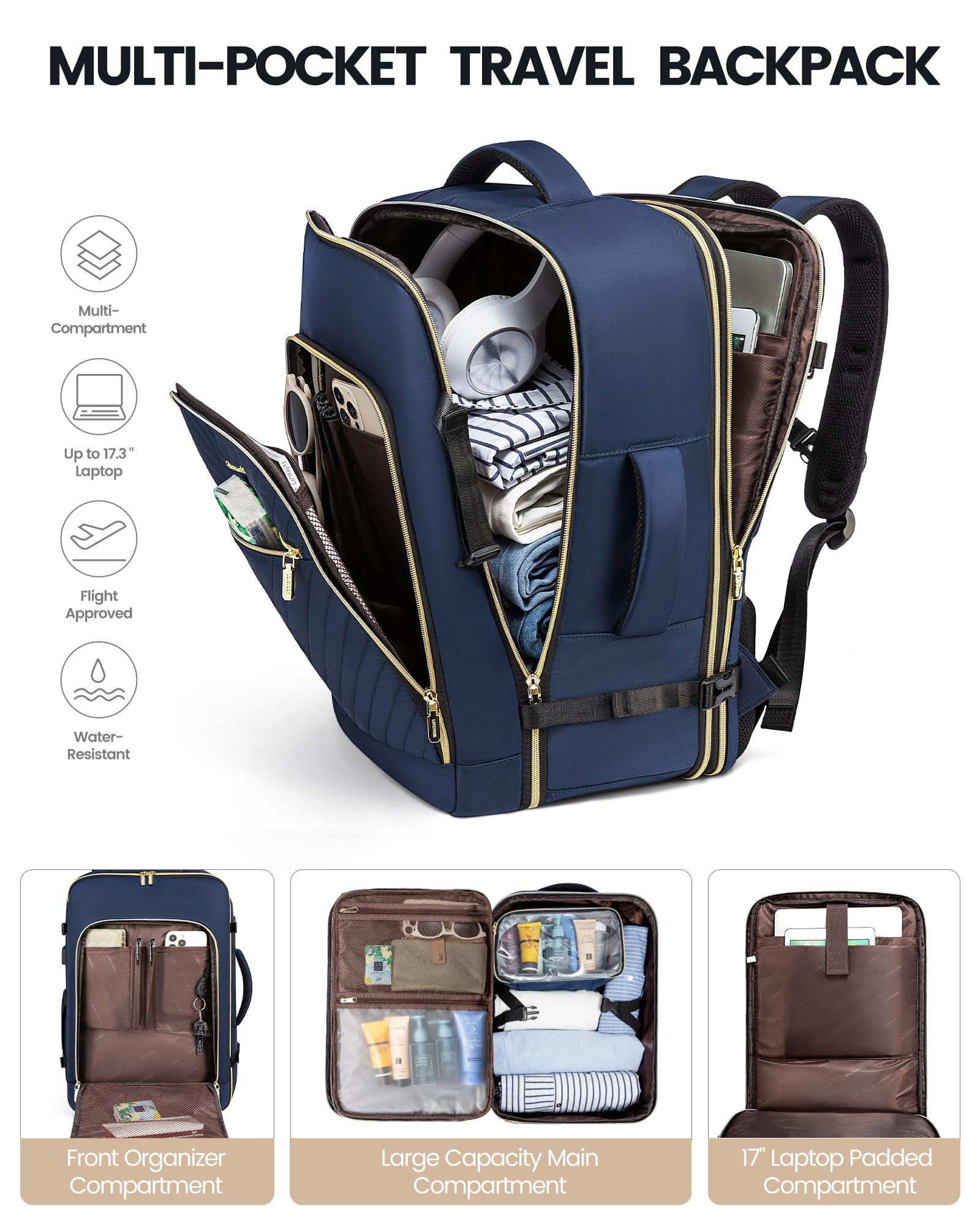 LOVEVOOK Carry on Backpack,Travel Backpack Airline Approved with Toiletry Bag,Expandable 30-40L Large Laptop Backpack Women Waterproof, Fit 17.3 Inch with USB Charging Port Shoes Compartment