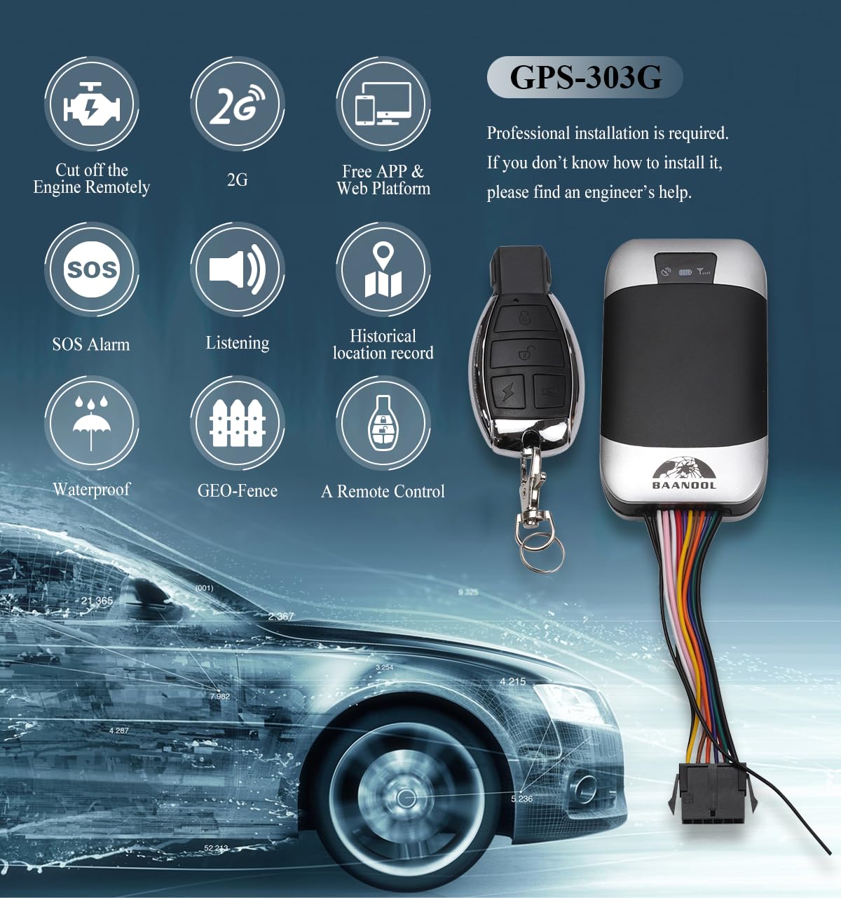 BAANOOL BN-303F/G 2G GPS Tracker for Vehicles Fuel Car Tracker Device No Monthly Fee Intelligent Management Tracking System Free Subscription (BAANOOL-303G)