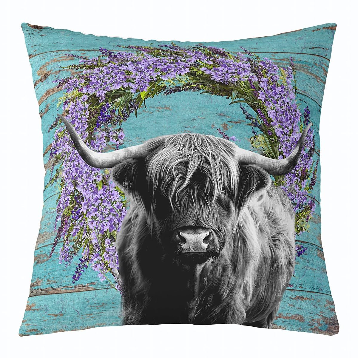 Rustic Farmhouse Wooden Board Pillow Cover Reversible Print for Bed or Sofa,Lavender Flowers Wreath Decorative Cushion Cover,Highland Cow Bull Cattle Couch Pillow Cover,Single Pack 24"x 24"