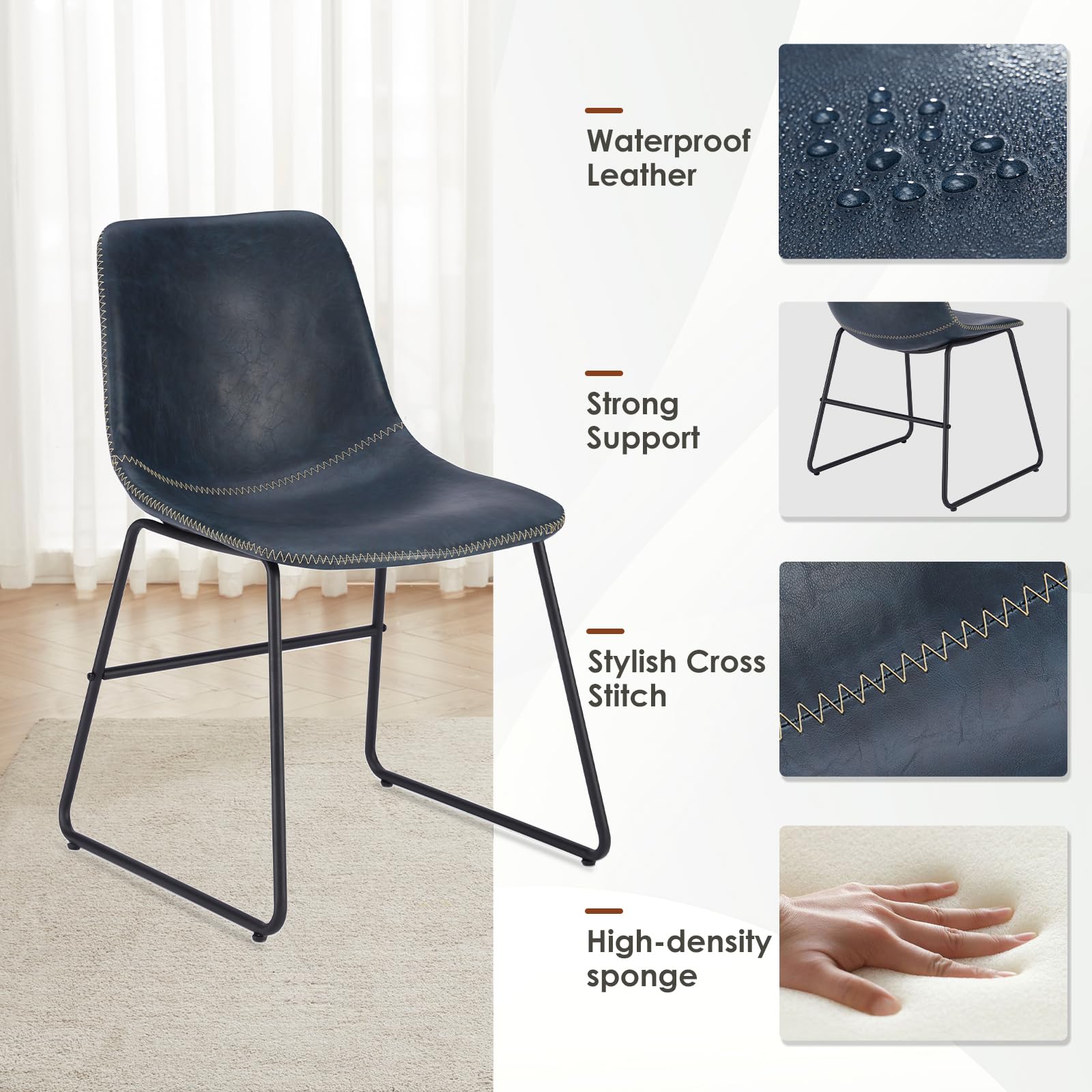 Soohow Set of 2, Kitchen Room Mid Century Midcentury Modern Faux Leather Comfortable, Home, Bistro Coffee Shop, Dining Chairs 4 PCS, Blue