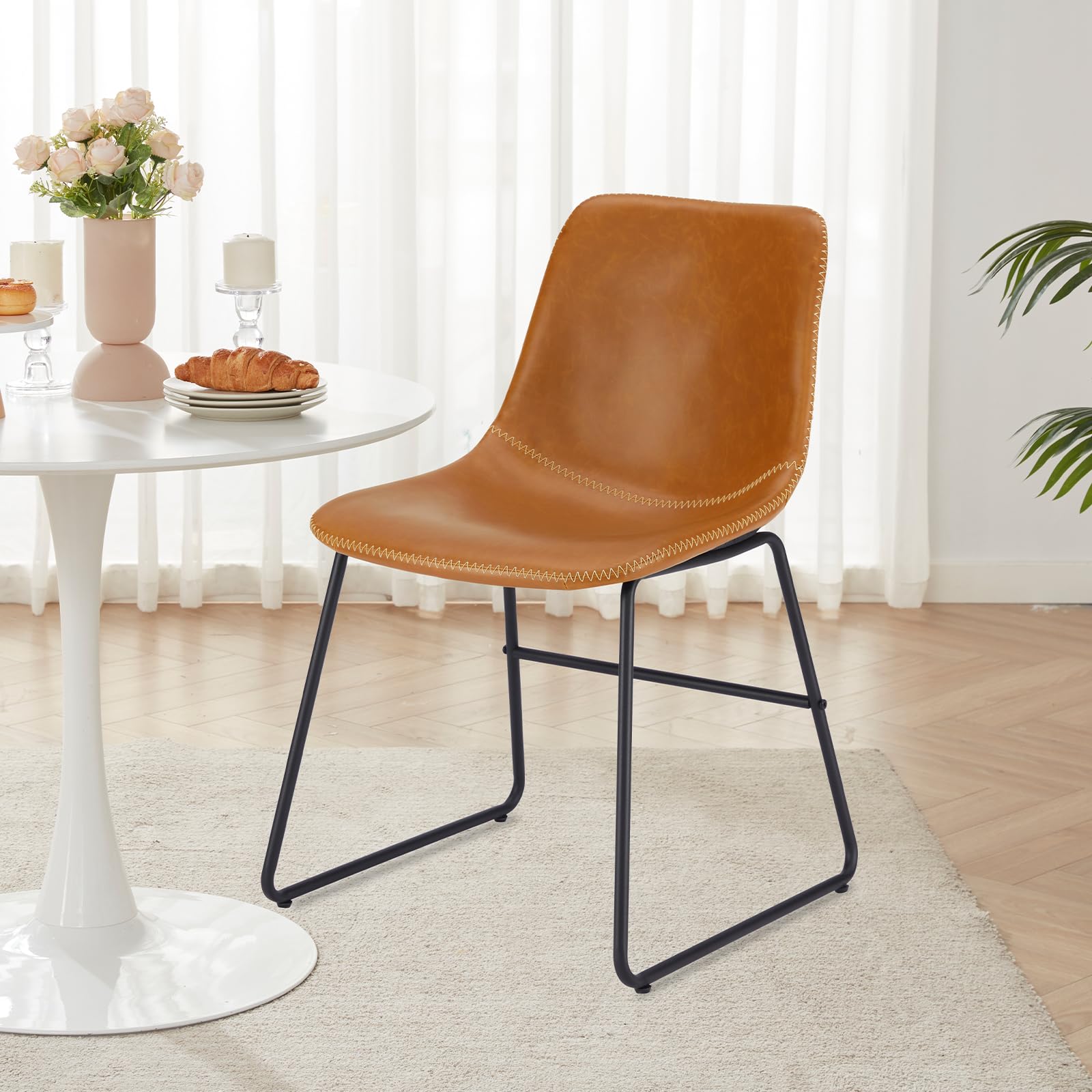 Soohow Set of 2, Kitchen Room Mid Century Midcentury Modern Faux Leather Comfortable, Home, Bistro Coffee Shop, 18" Dining Chairs 2 PCS, Whiskey Brown
