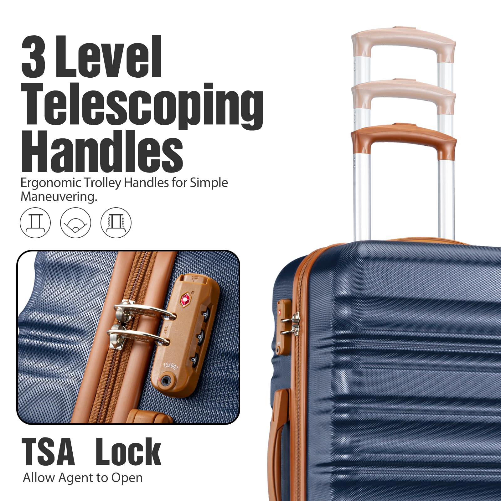 LONG VACATION Luggage Sets 20 IN Carry on Suitcase ABS Handshell Luggage 3 Piece Set with TSA Lock Spinner Wheels (NAVY, 20-Inch)