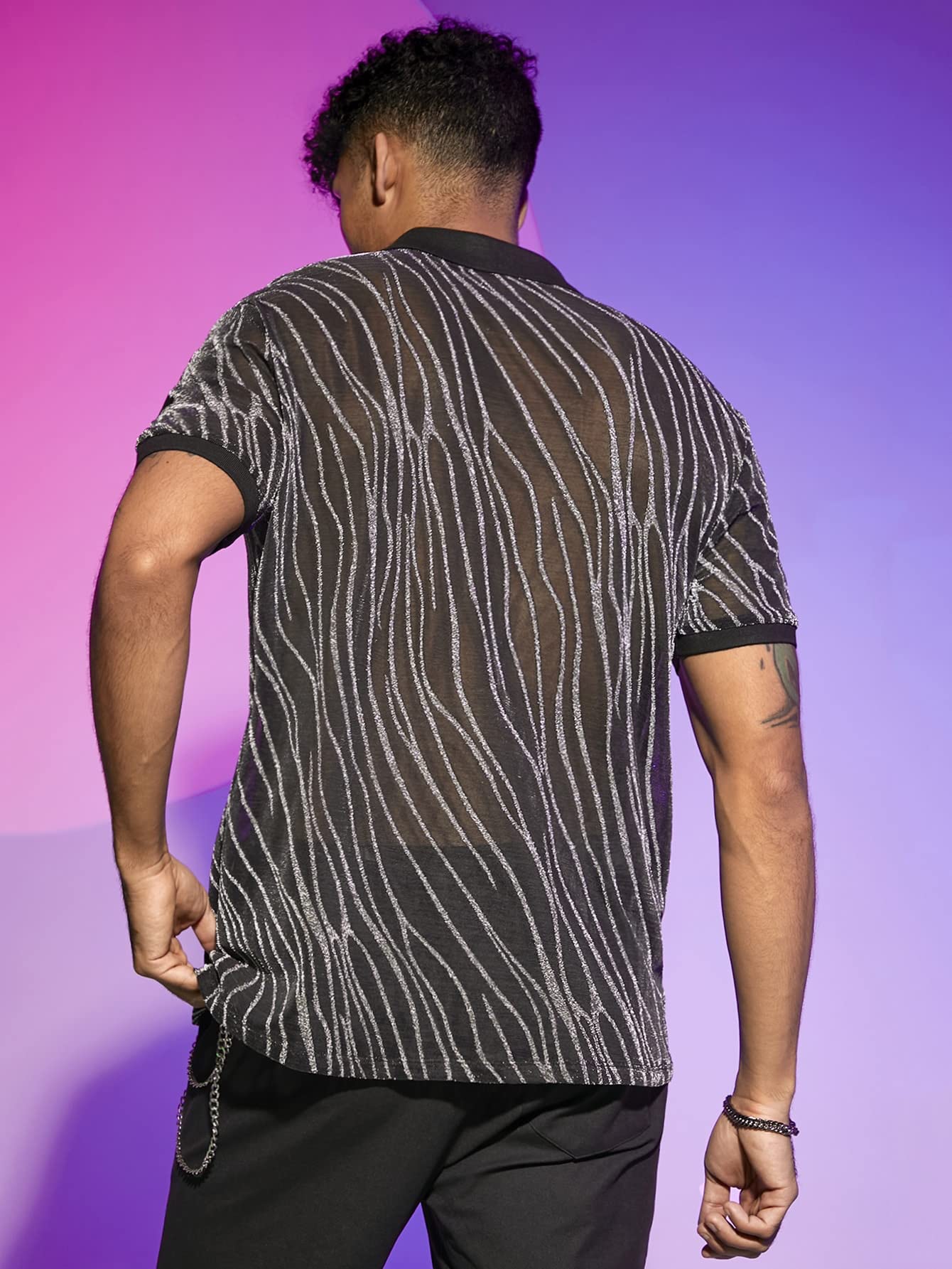 WDIRARA Men's Marble Print Glitter Mesh Sheer Collared Short Sleeve Tee Top Striped Party T Shirt Multicolor S