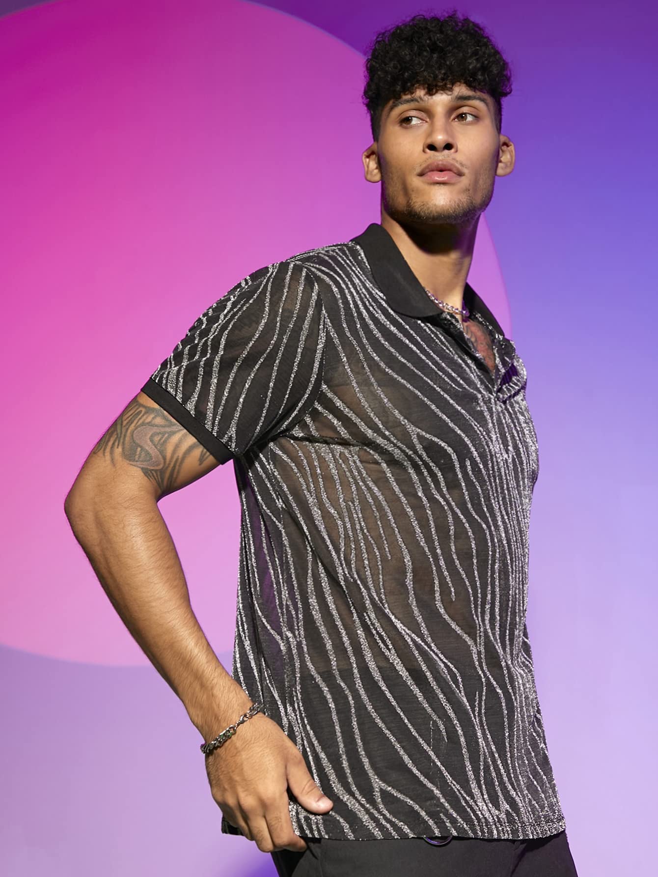 WDIRARA Men's Marble Print Glitter Mesh Sheer Collared Short Sleeve Tee Top Striped Party T Shirt Multicolor S