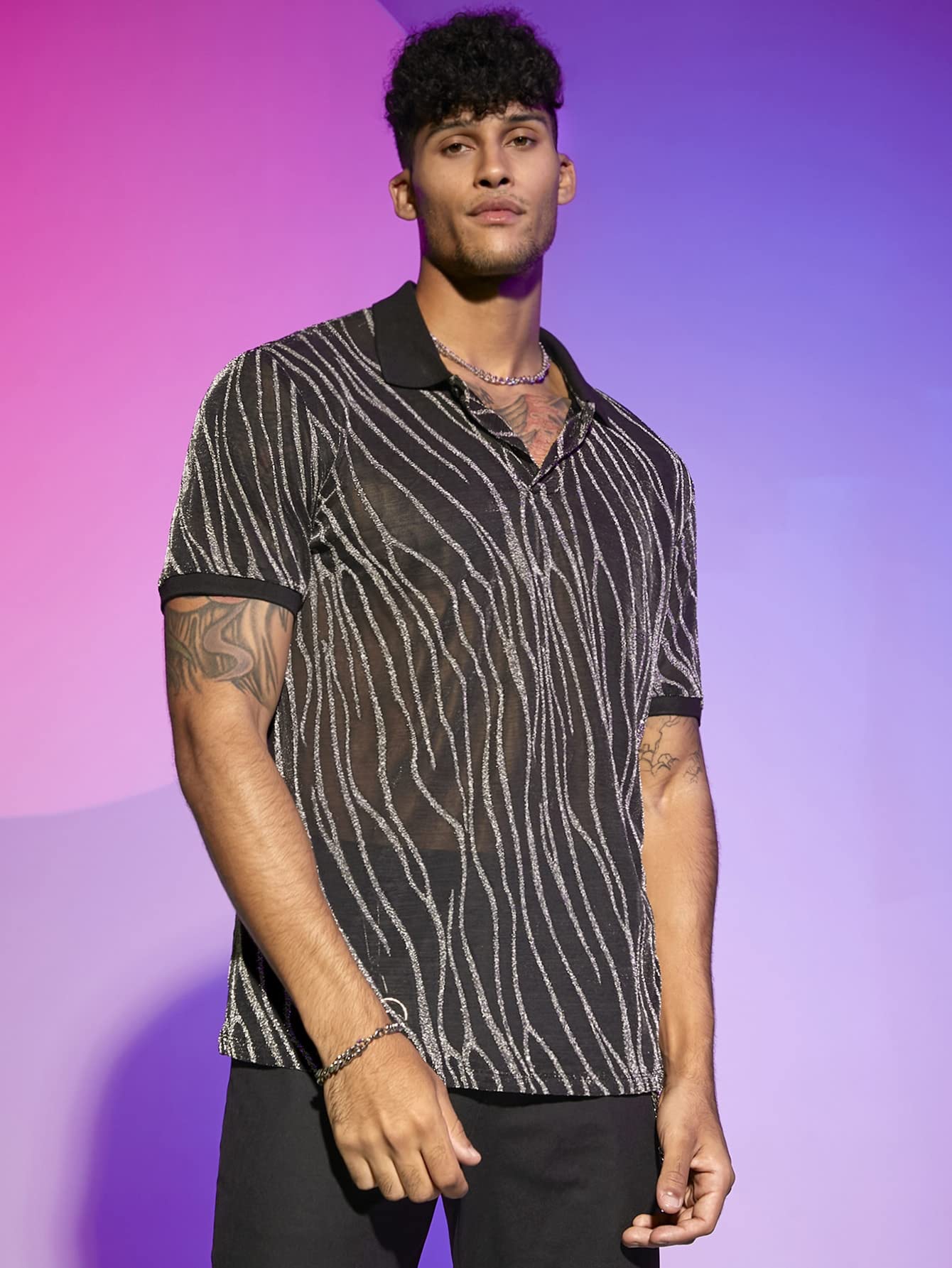 WDIRARA Men's Marble Print Glitter Mesh Sheer Collared Short Sleeve Tee Top Striped Party T Shirt Multicolor S