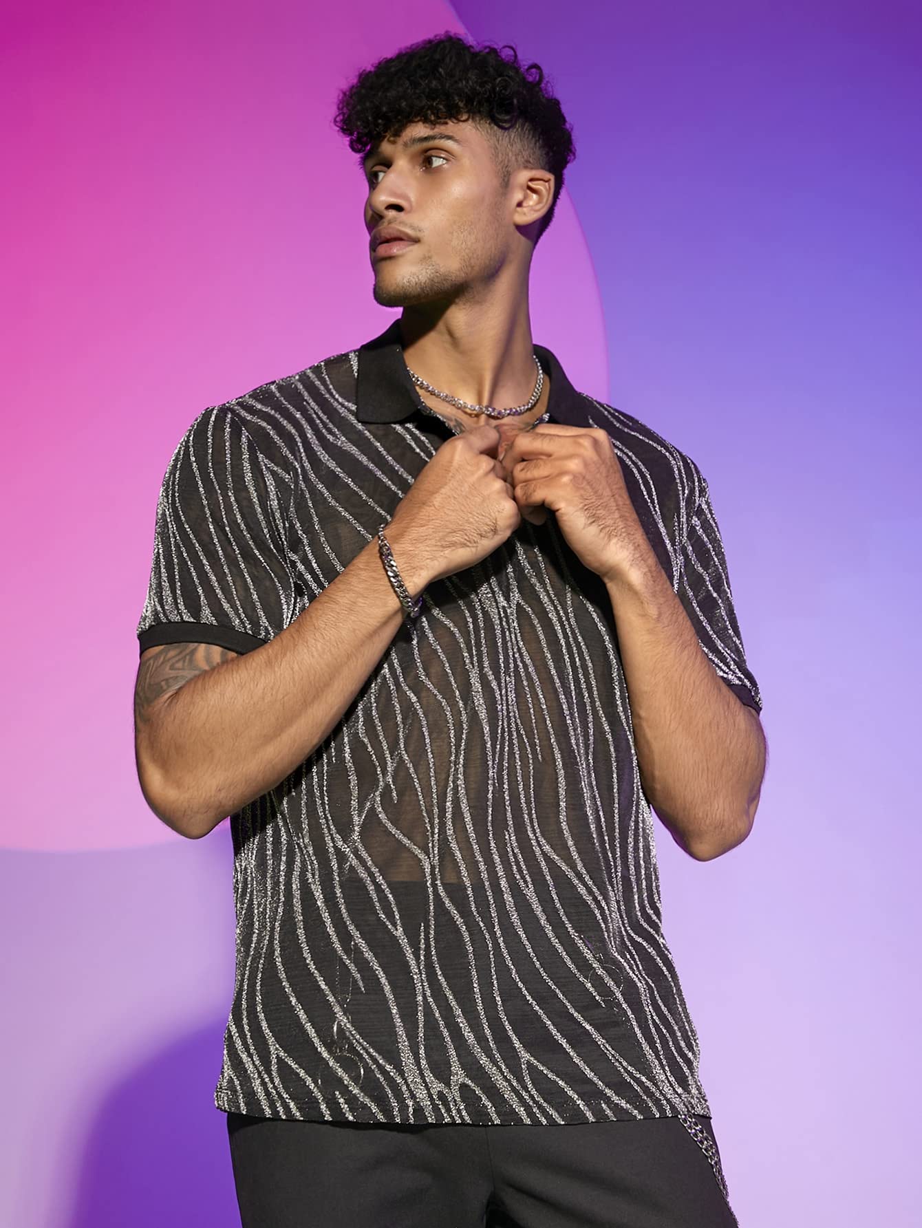 WDIRARA Men's Marble Print Glitter Mesh Sheer Collared Short Sleeve Tee Top Striped Party T Shirt Multicolor S