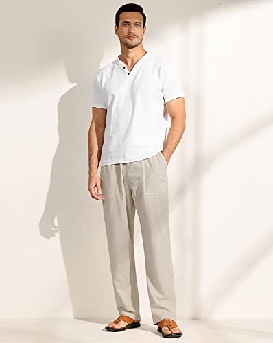 Ficerd 2 Pcs Men's Drawstring Linen Pants Men Casual Beach Trousers with Pocket Lightweight Elastic Yoga Pant (Black, Khaki, Small)
