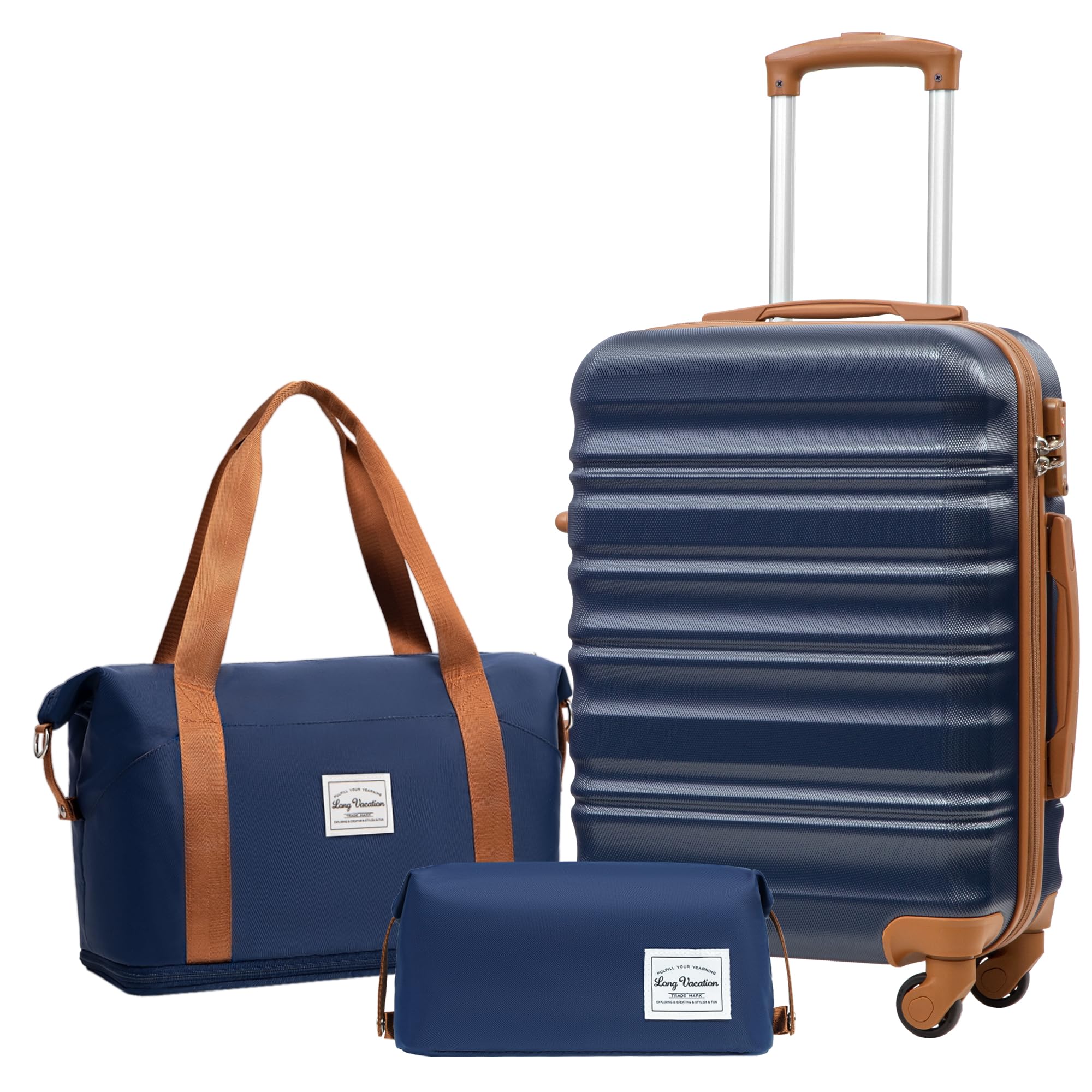 LONG VACATION Luggage Sets 20 IN Carry on Suitcase ABS Handshell Luggage 3 Piece Set with TSA Lock Spinner Wheels (NAVY, 20-Inch)