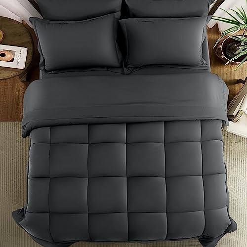 PATSBA Full Size Comforter Set -7 Pieces All Season Bed in a Bag - Ultra Soft Down Alternative Bedding Sets with Comforter, Flat Sheet, Fitted Sheet, 2 Pillowcases & 2 Pillow Shams (Dark Gray)