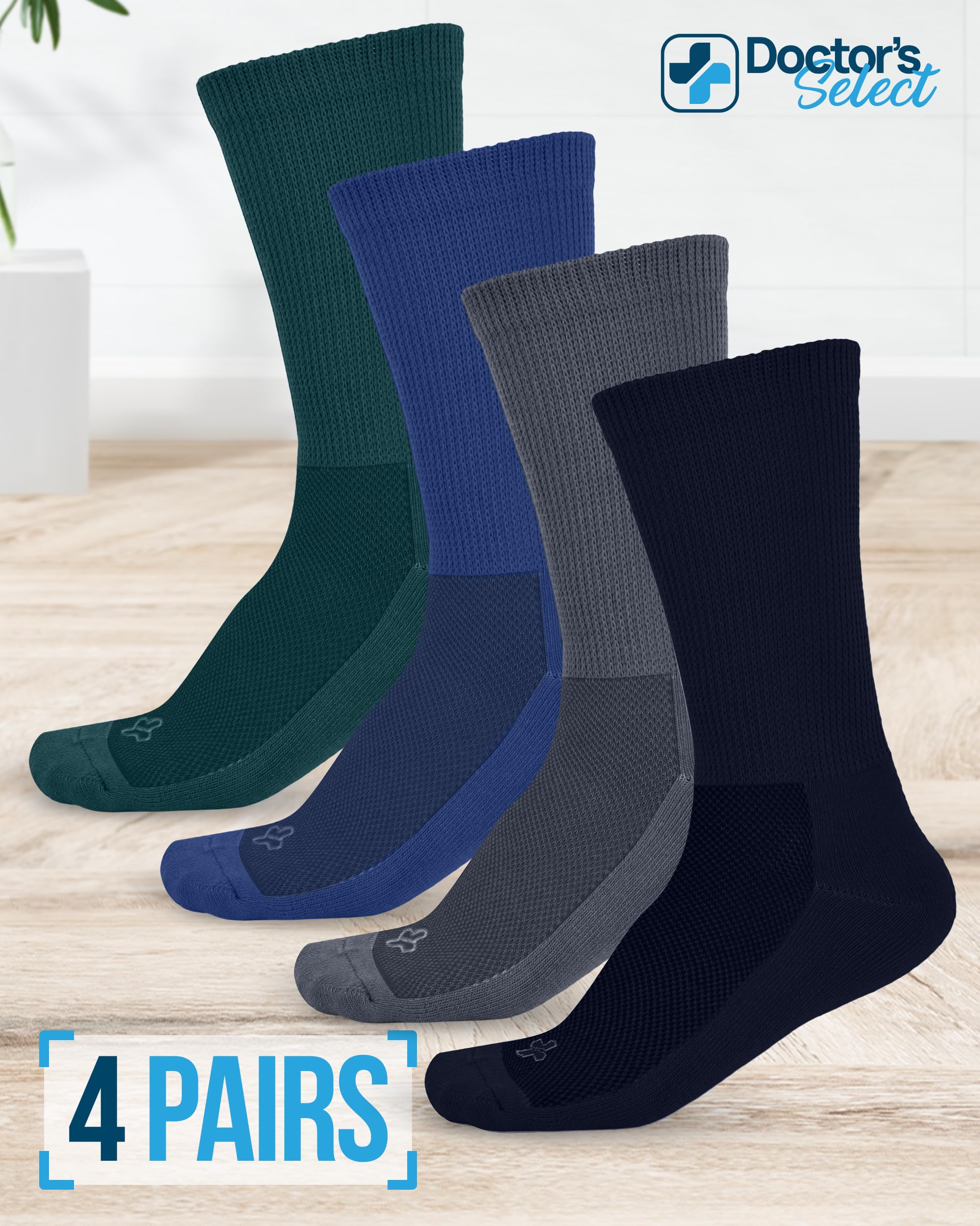 Doctor's Select Diabetic Socks for Men - 4 Pairs Crew Diabetic Neuropathy Socks for Men | Navy, Green, Blue, Gray | Non Binding Mens Diabetic Socks for Moisture Management