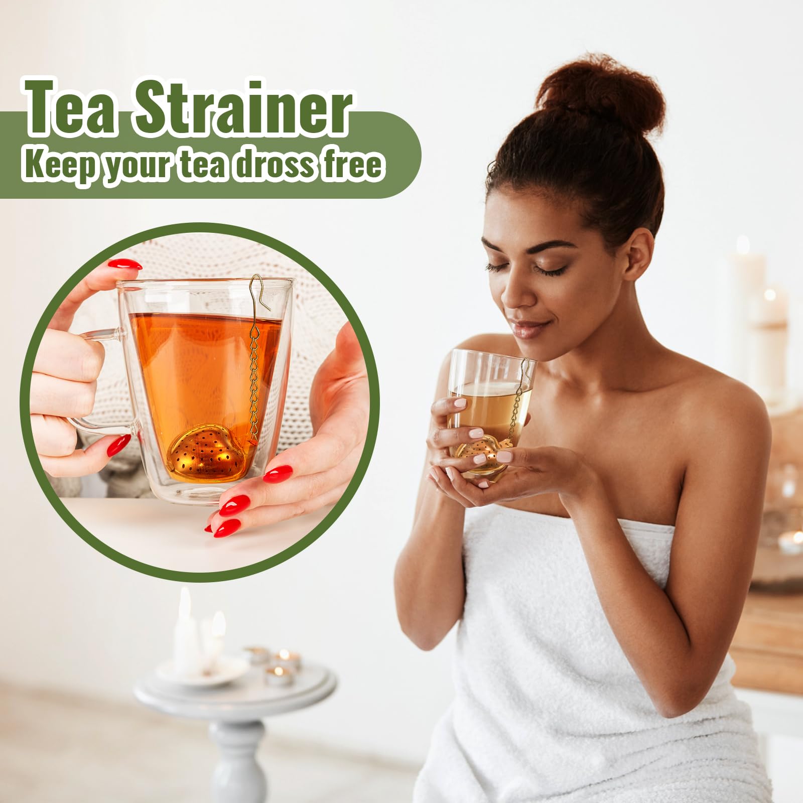 Sumind 50 Pcs Stainless Steel Tea Strainer Ball Infuser Loose Leaf Steeper Interval Diffuser Heart Shape Mesh Filters with Extended Chain Hook for tea party Seasonings Cup Bottle(Gold)