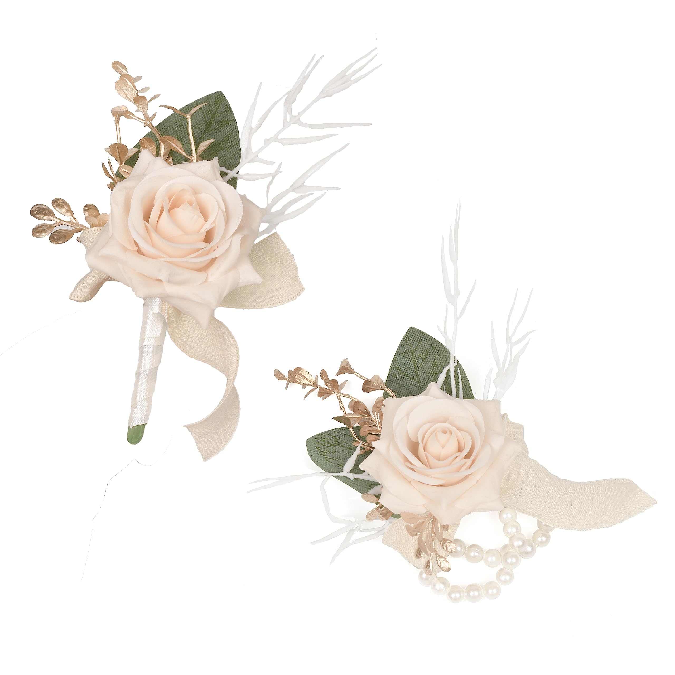 YSUCAU Champagne Rose Wrist Corsage Wristlet Band Bracelet and Men Boutonniere Set for Wedding, Artificial Flower Wrist Corsage Bracelets for Fall Wedding Homecoming Prom Suit Decorations