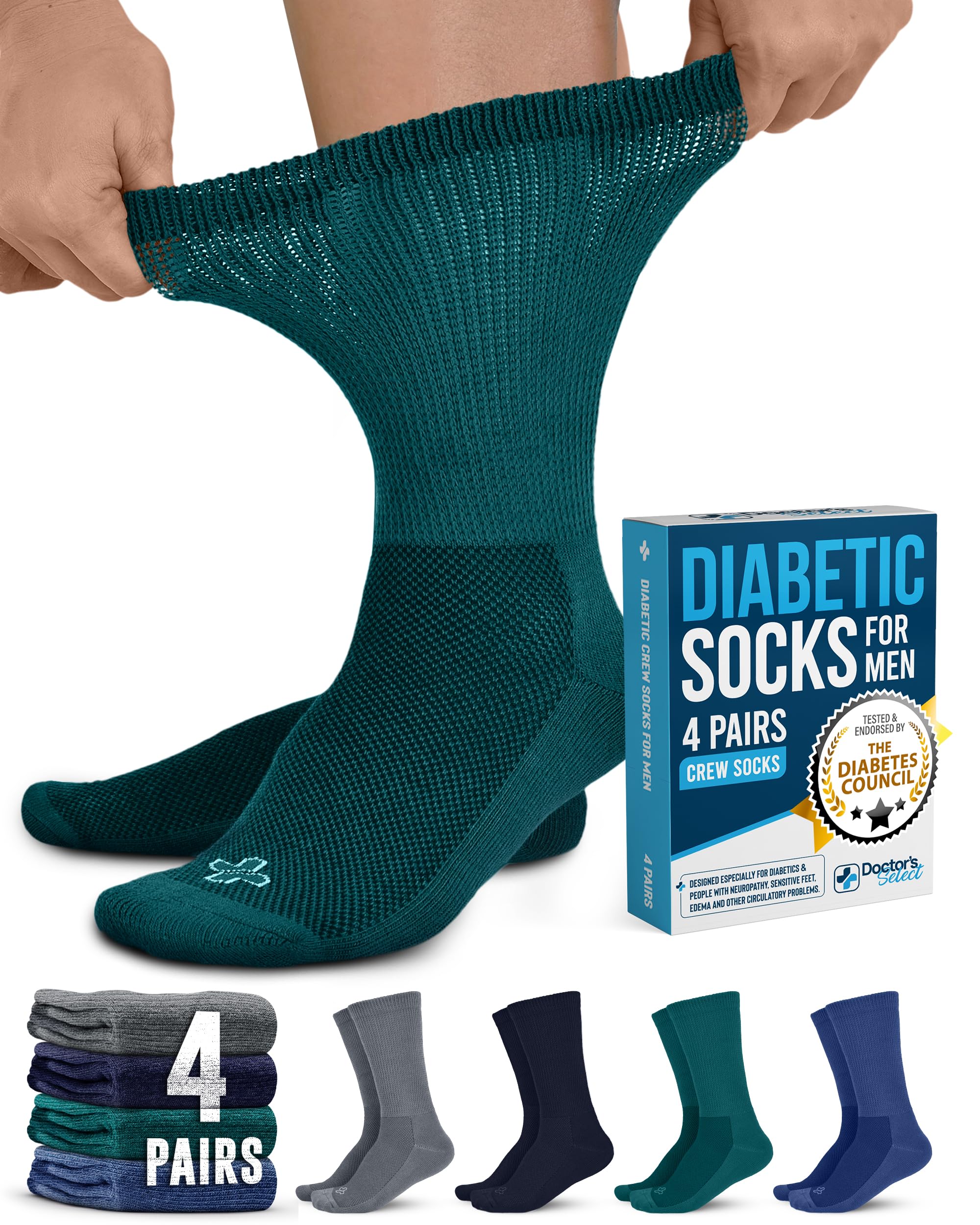 Doctor's Select Diabetic Socks for Men - 4 Pairs Crew Diabetic Neuropathy Socks for Men | Navy, Green, Blue, Gray | Non Binding Mens Diabetic Socks for Moisture Management