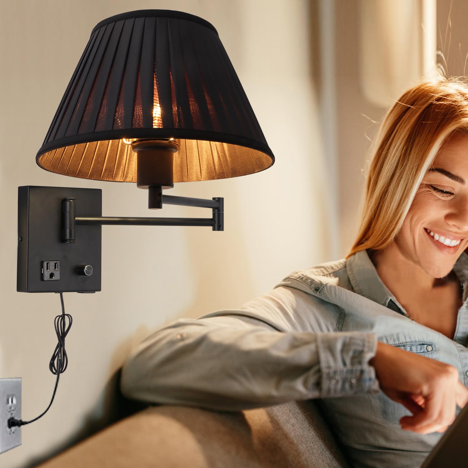 Plug in Wall Sconce 17"Swing Arm Wall Lamp with Plug in Cord and Dimmable Switch Black Sconces Wall Lighting with USB Port and AC Outlet Wall Mounted Lamp Suitable for Bedroom Living Room hallway.