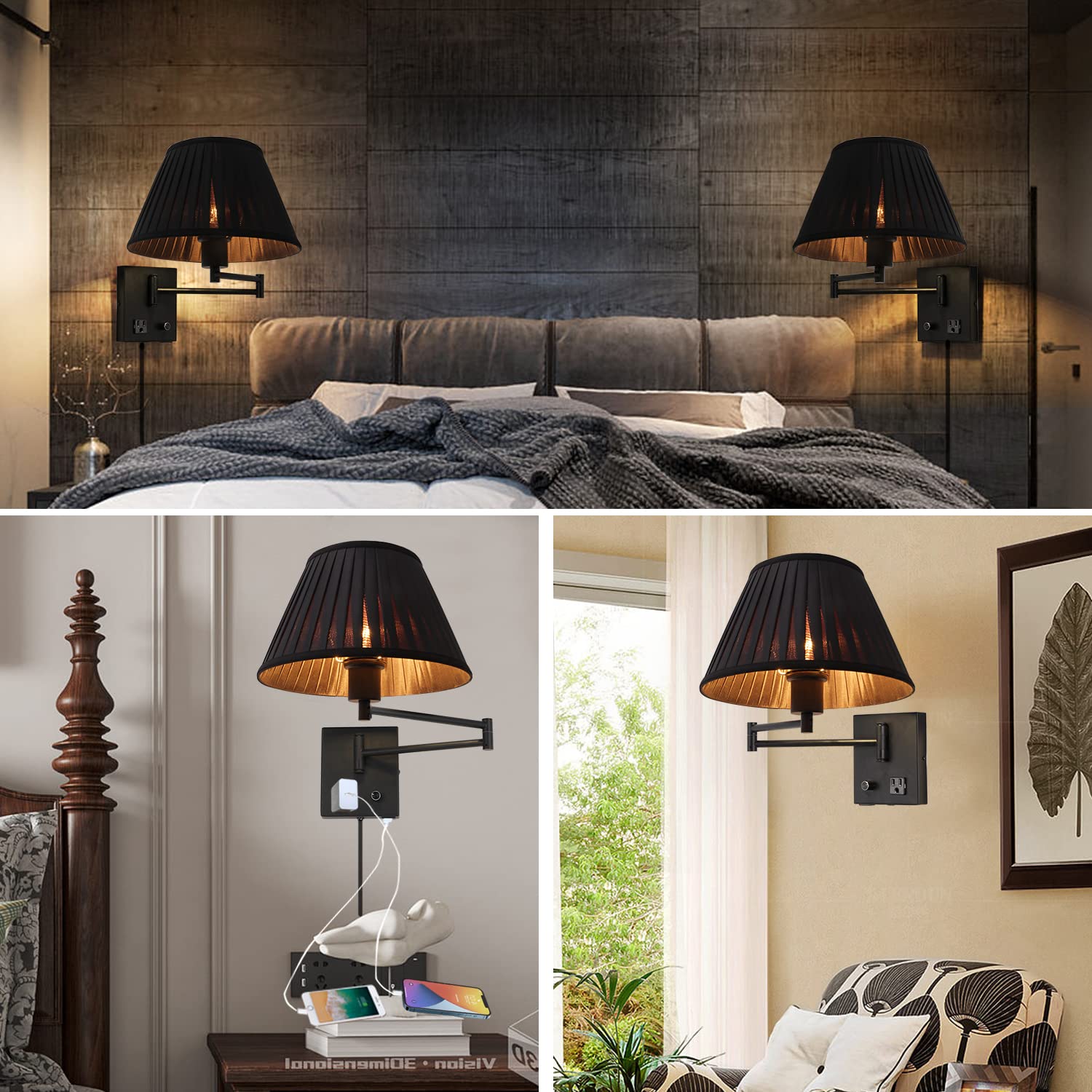 Plug in Wall Sconce 17"Swing Arm Wall Lamp with Plug in Cord and Dimmable Switch Black Sconces Wall Lighting with USB Port and AC Outlet Wall Mounted Lamp Suitable for Bedroom Living Room hallway.