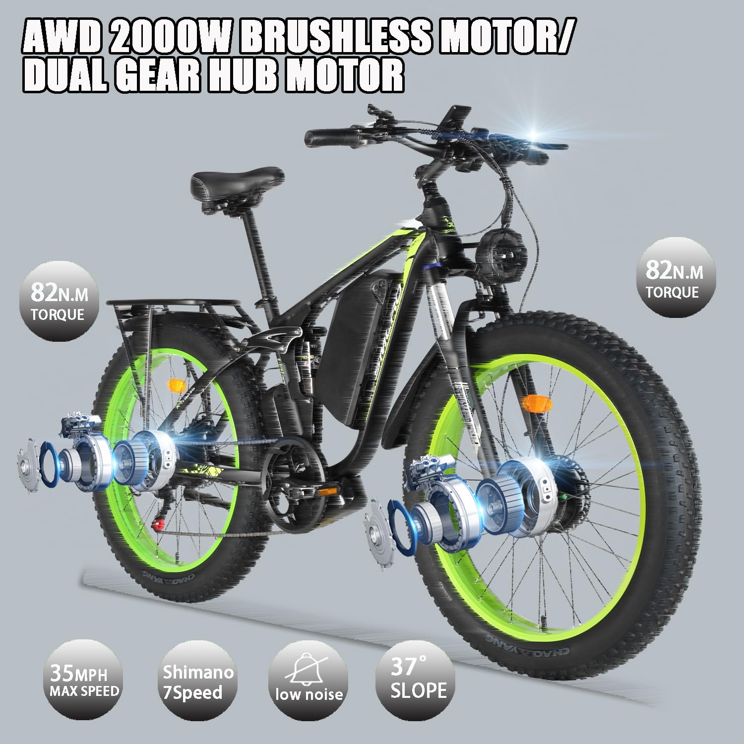 Lanshanchu (US in Stock V3 Plus Electric Bicycle 2000W Dual Motor Ebike 48V 22.4Ah Mountain Snow E Bike 35MPH Electric Bicycle 26" Fat Tire 7 Speed MTB for Trail Riding Excursion Commute