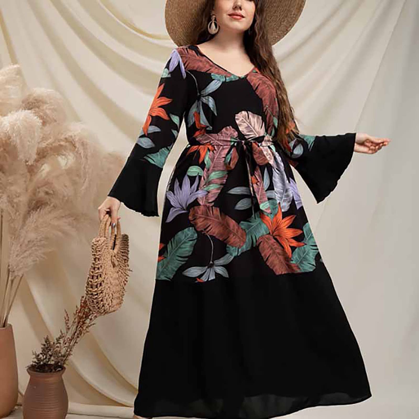 Dresses for Women 2023 Sexy Ladies Plus Size Ruffle Long Sleeve V Neck Floral Leaf Print Elastic Waist Drawstring Belt A