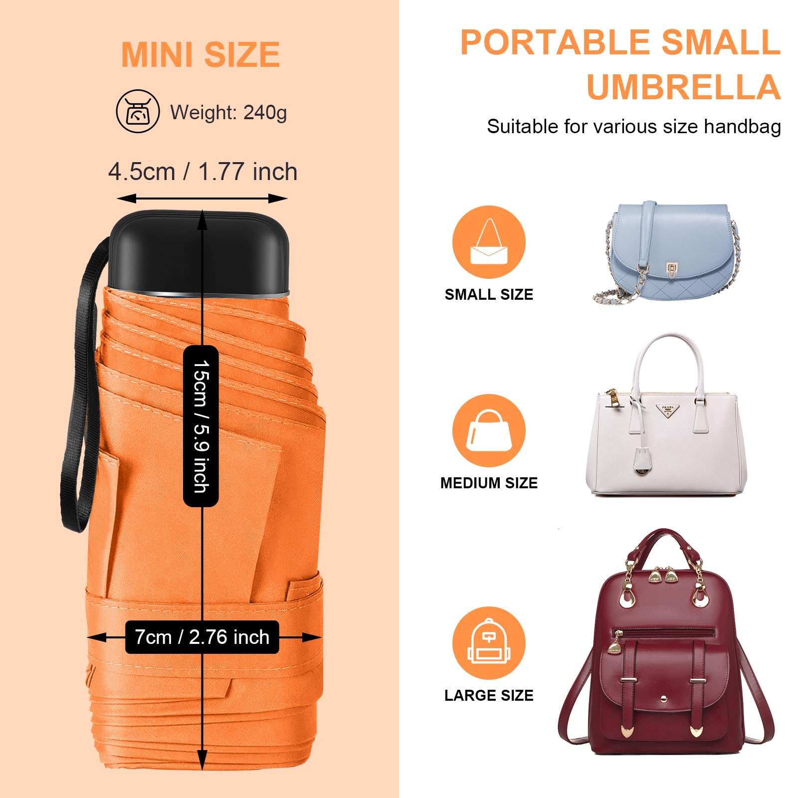 LEAGERA Compact Travel Umbrella with Case - Mini Umbrella for Purse, Small Lightweight &Tiny Umbrellas Design Perfect for Parasol Outdoor Sun&Rain,Orange