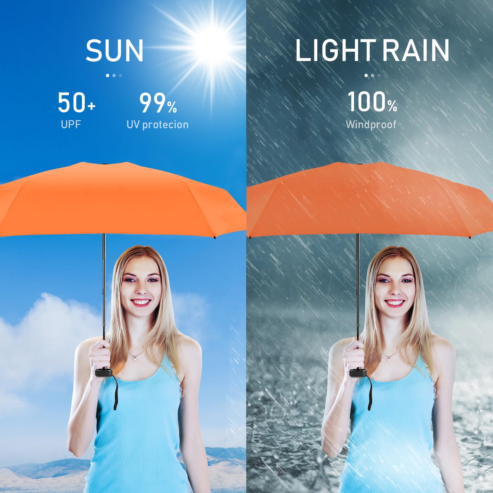 LEAGERA Compact Travel Umbrella with Case - Mini Umbrella for Purse, Small Lightweight &Tiny Umbrellas Design Perfect for Parasol Outdoor Sun&Rain,Orange