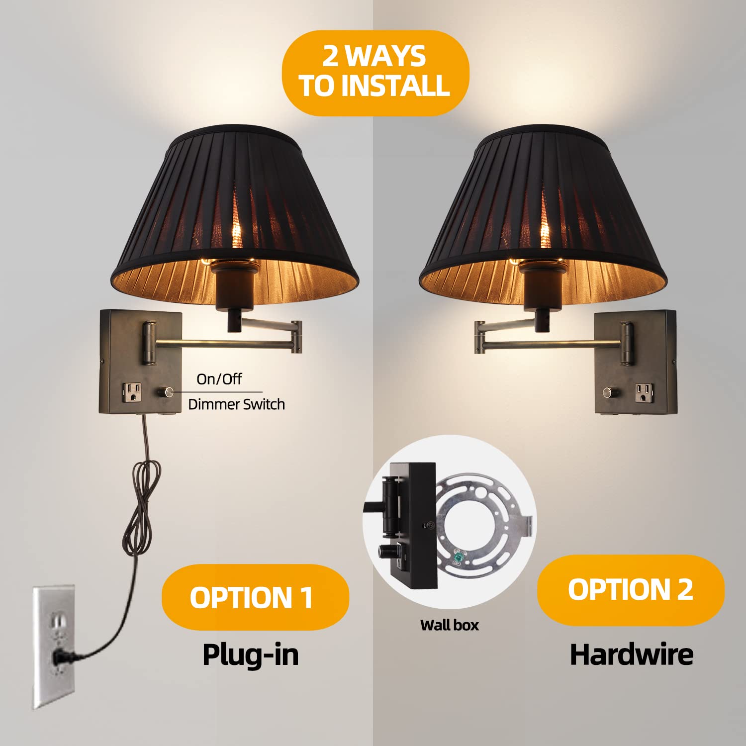 Plug in Wall Sconce 17"Swing Arm Wall Lamp with Plug in Cord and Dimmable Switch Black Sconces Wall Lighting with USB Port and AC Outlet Wall Mounted Lamp Suitable for Bedroom Living Room hallway.