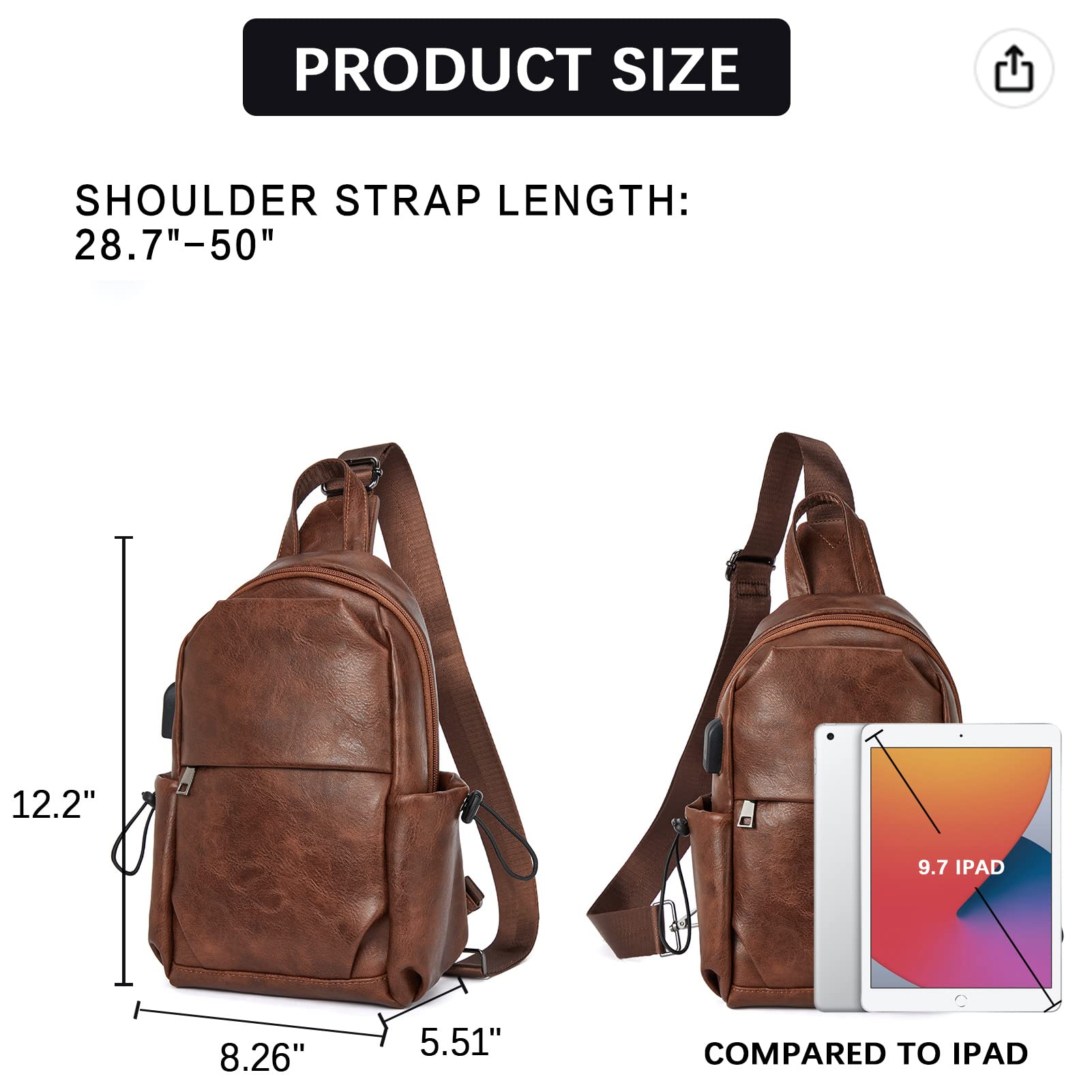 BOSTANTEN Sling Bag Leather Crossbody Backpack Shoulder Bag for Men Travel Hiking Everyday Use, Brown