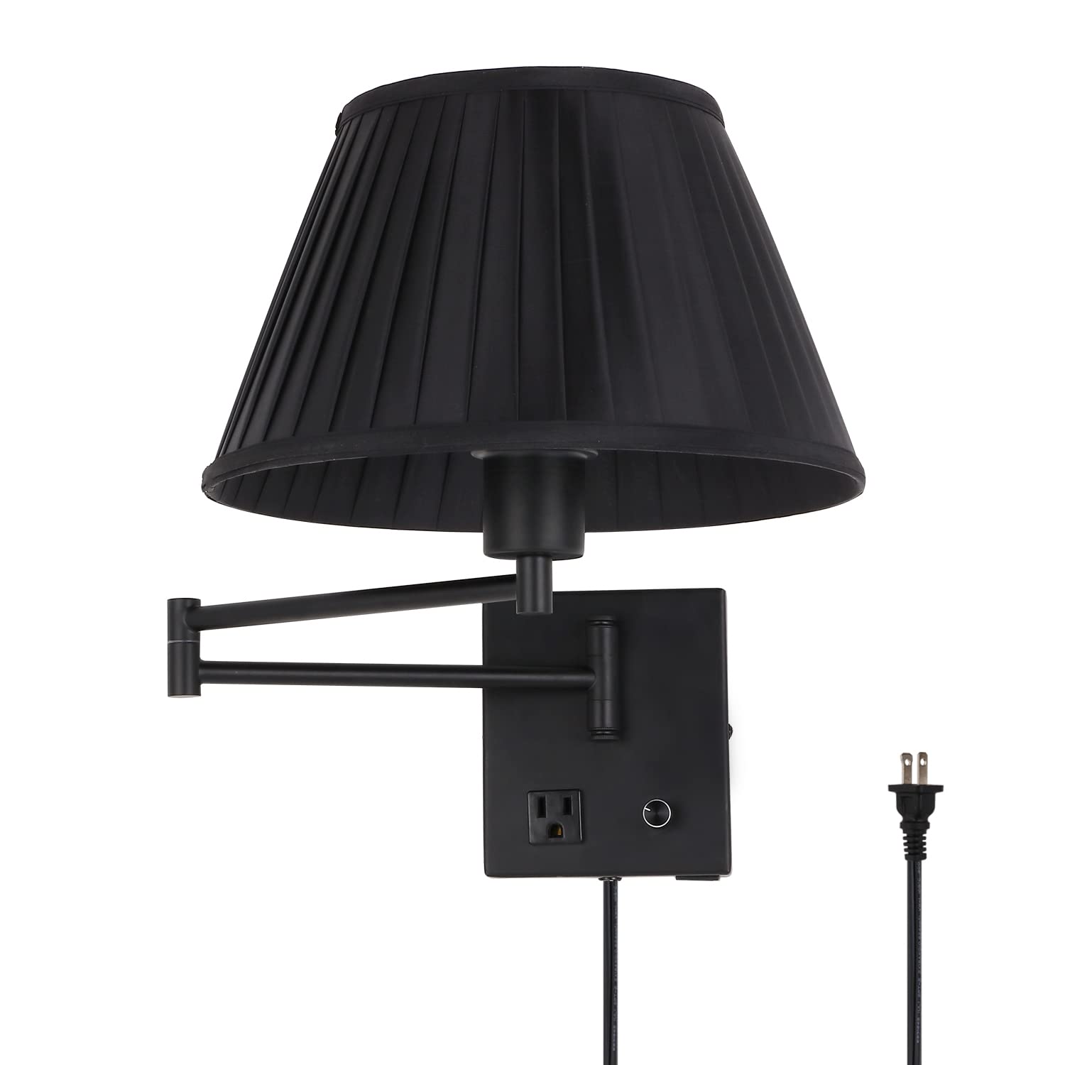 Plug in Wall Sconce 17"Swing Arm Wall Lamp with Plug in Cord and Dimmable Switch Black Sconces Wall Lighting with USB Port and AC Outlet Wall Mounted Lamp Suitable for Bedroom Living Room hallway.