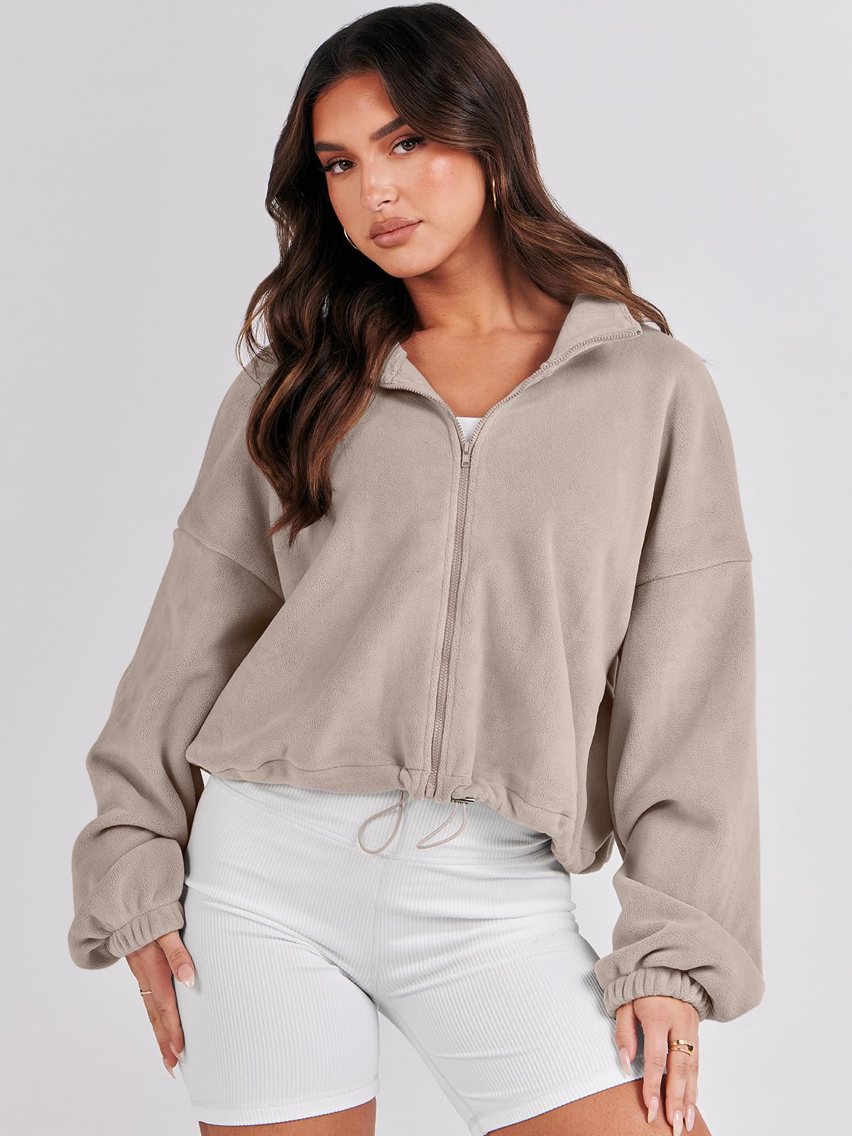 ANRABESS Women's Sweatshirts Full Zip Up Bomber Jacket Oversized Fleece Crop Sherpa Coat Long Sleeve High Neck Teddy Winter Pullover Active Sport Tops Outwear 1097 M, Khaki