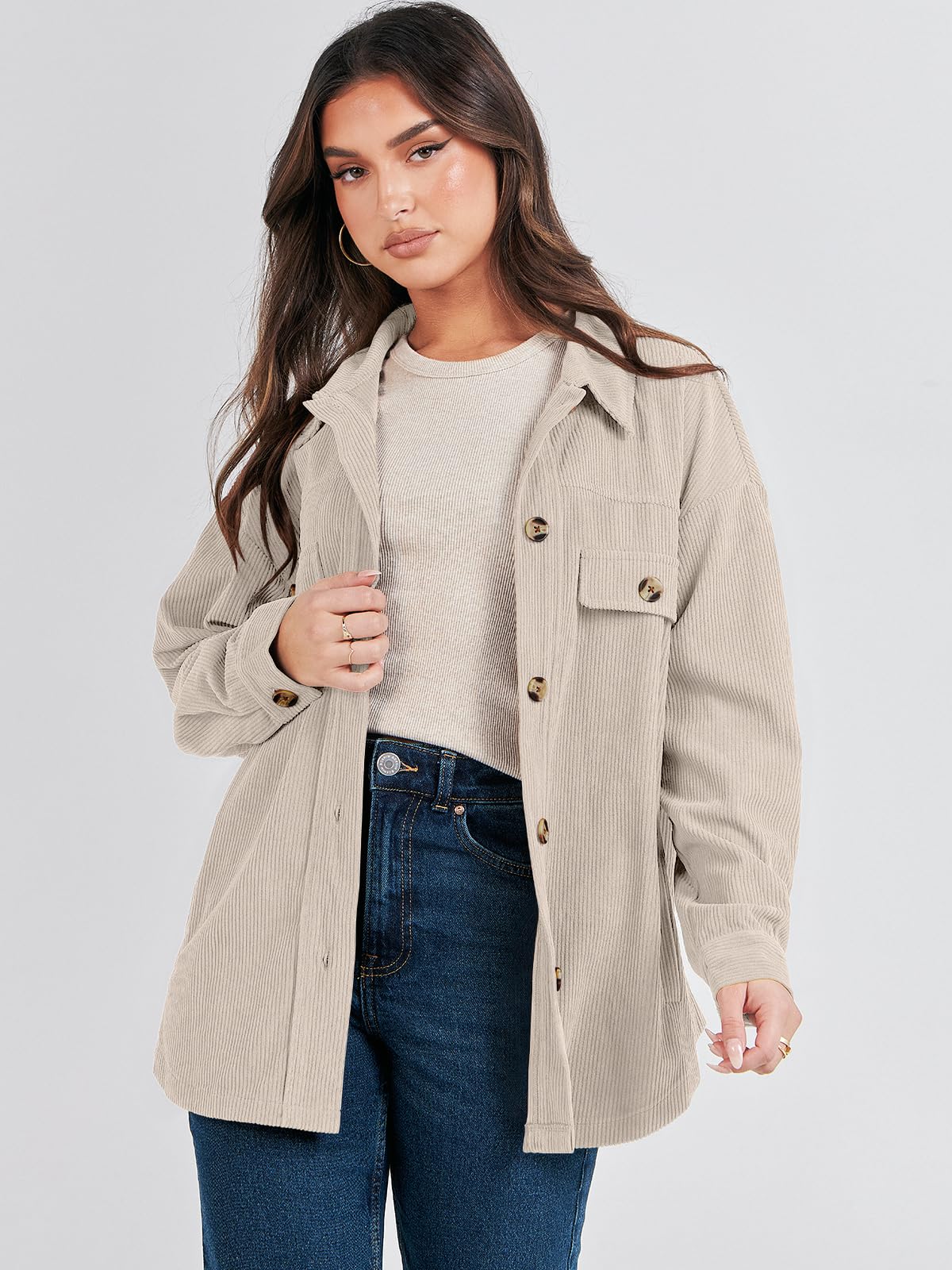 ANRABESS Womens Corduroy Shacket Button Down Shirts Oversized Long Sleeve Casual Cardigan Jacket 2025 Fall Fashion Clothes Beige Small