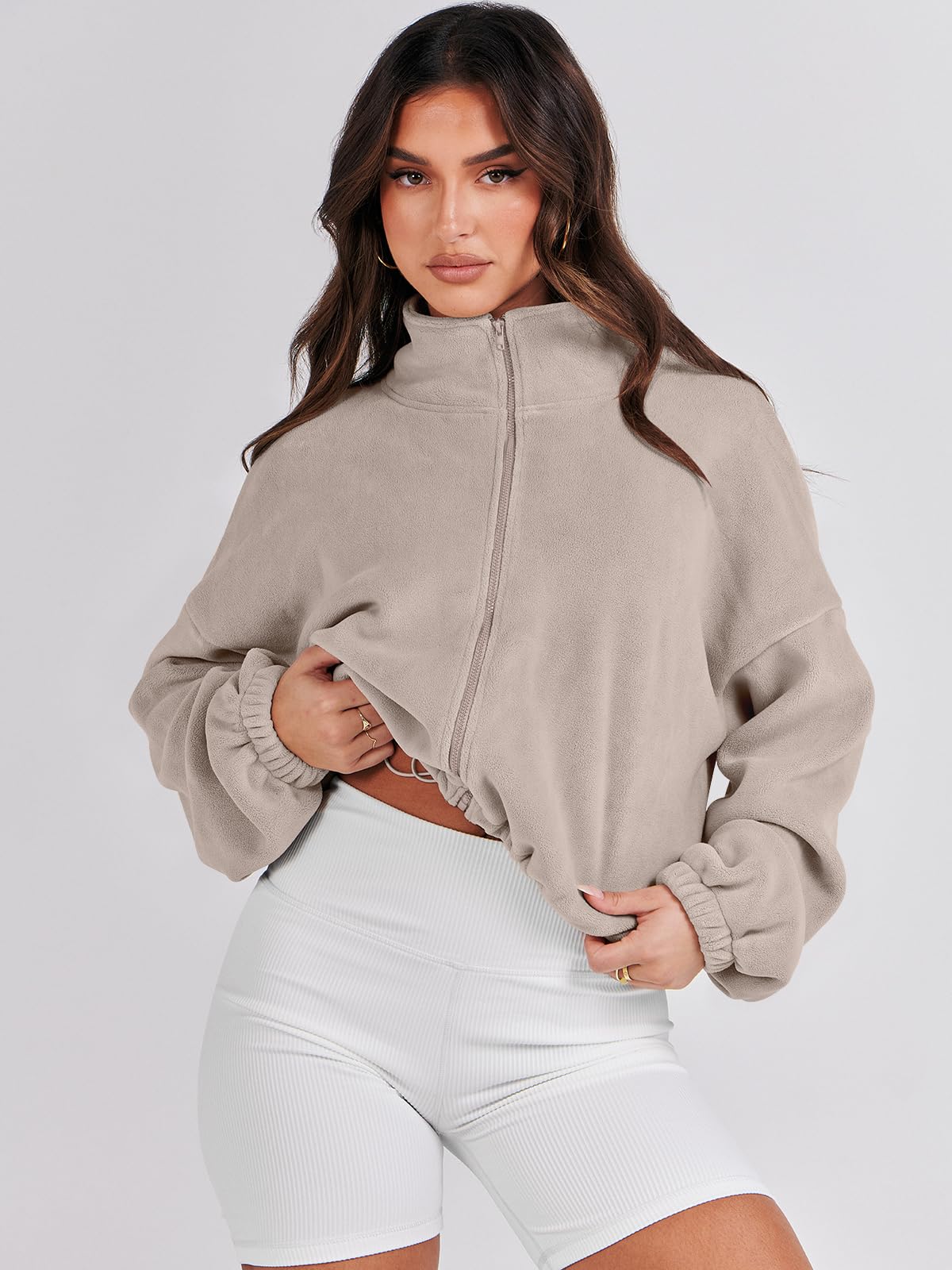 ANRABESS Women's Sweatshirts Full Zip Up Bomber Jacket Oversized Fleece Crop Sherpa Coat Long Sleeve High Neck Teddy Winter Pullover Active Sport Tops Outwear 1097 M, Khaki