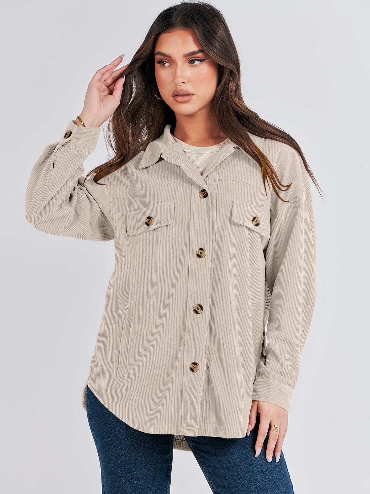 ANRABESS Womens Corduroy Shacket Button Down Shirts Oversized Long Sleeve Casual Cardigan Jacket 2025 Fall Fashion Clothes Beige Small