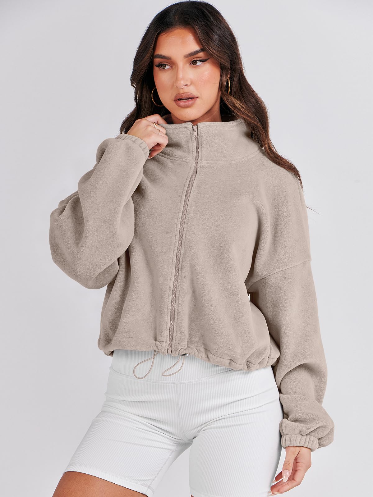 ANRABESS Women's Sweatshirts Full Zip Up Bomber Jacket Oversized Fleece Crop Sherpa Coat Long Sleeve High Neck Teddy Winter Pullover Active Sport Tops Outwear 1097 M, Khaki