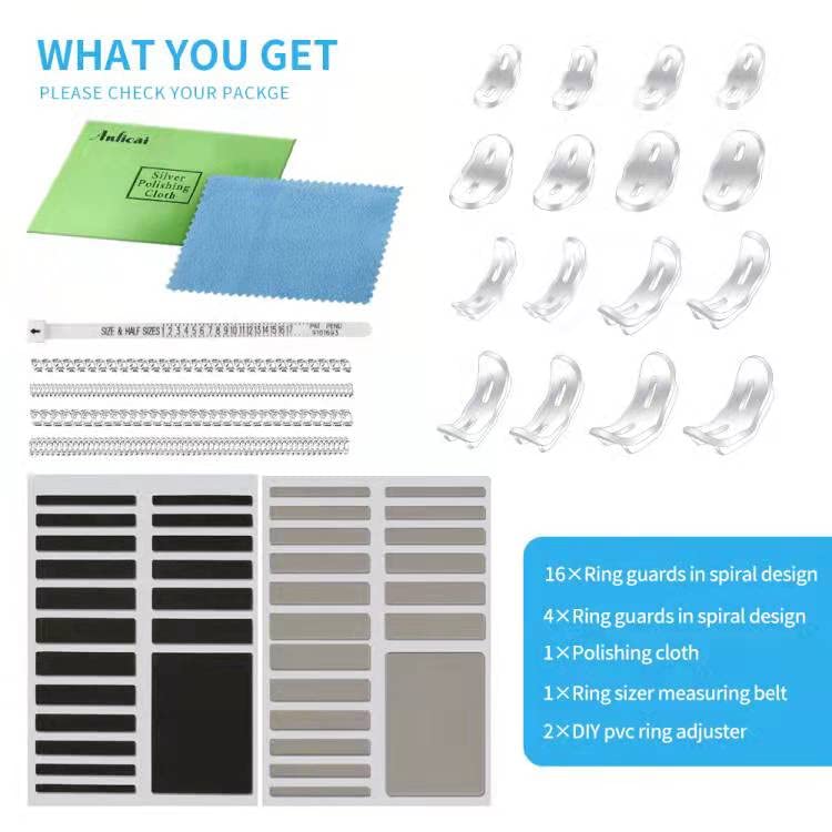 Ring Size Adjuster for Loose Rings, Multiple Size, Ring Sizer, Mandrel for Making Jewelry Guard, Resizer, Spacer, Spiral Silicone Tightener Set with Polishing Cloth