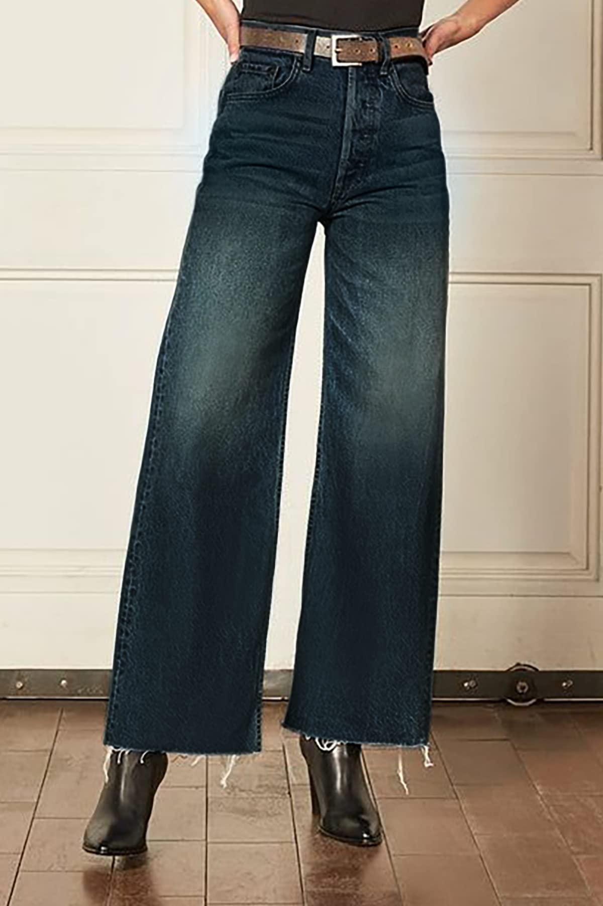 PEIHOT Mid Waisted Wide Leg Jeans for Women 90S Jeans Mid Rise Pull On Jeans Straight Leg Loose Fit Denim Pants Dark Blue