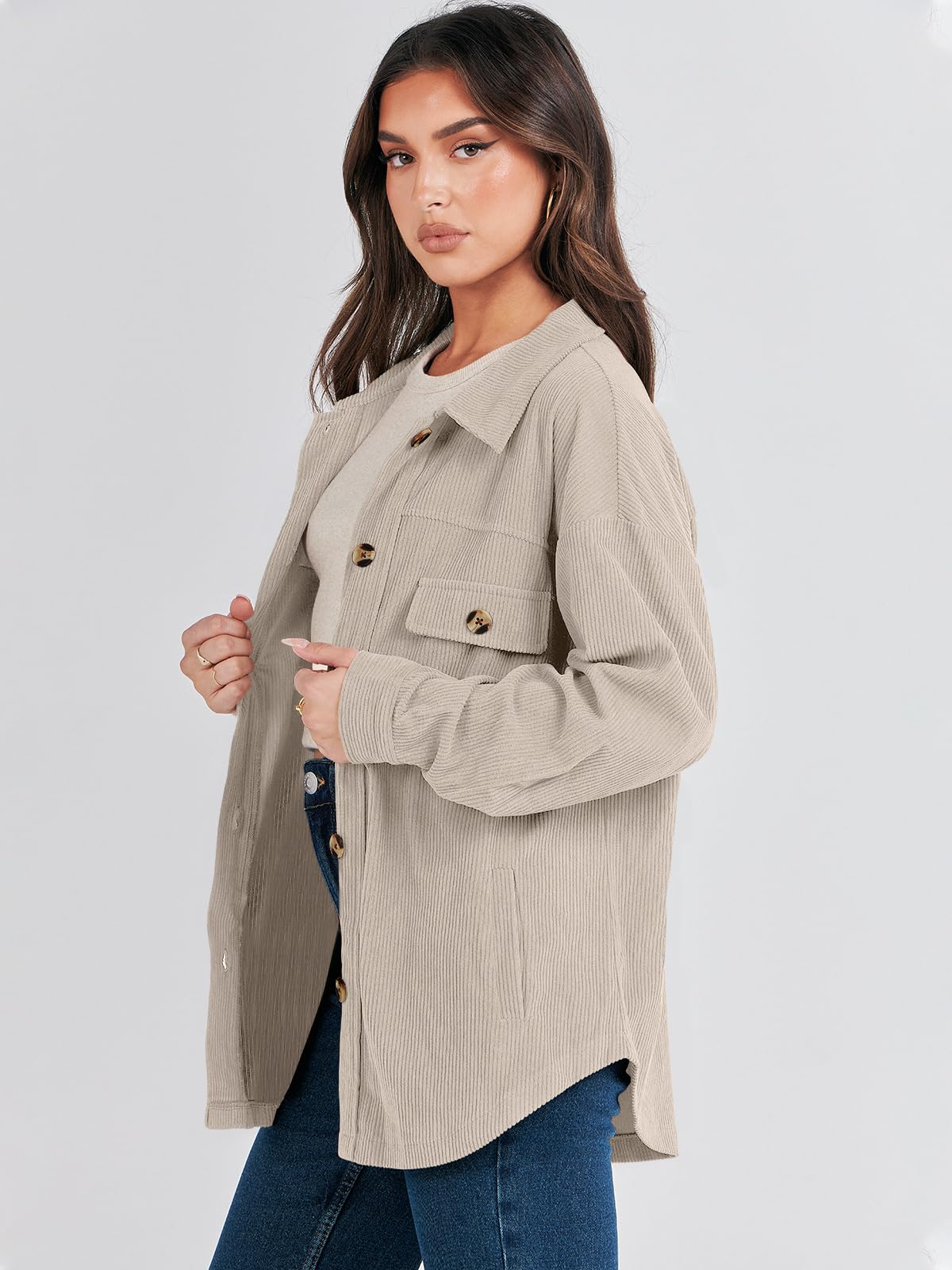 ANRABESS Womens Corduroy Shacket Button Down Shirts Oversized Long Sleeve Casual Cardigan Jacket 2025 Fall Fashion Clothes Beige Small
