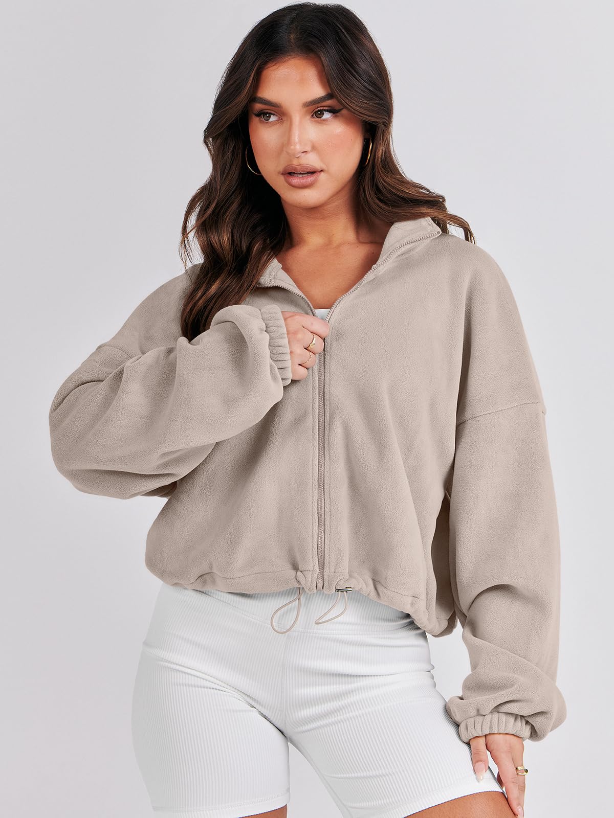 ANRABESS Women's Sweatshirts Full Zip Up Bomber Jacket Oversized Fleece Crop Sherpa Coat Long Sleeve High Neck Teddy Winter Pullover Active Sport Tops Outwear 1097 M, Khaki