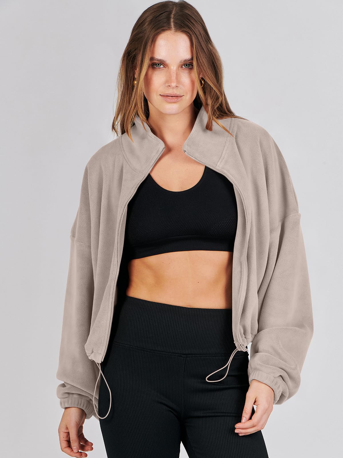 ANRABESS Women's Sweatshirts Full Zip Up Bomber Jacket Oversized Fleece Crop Sherpa Coat Long Sleeve High Neck Teddy Winter Pullover Active Sport Tops Outwear 1097 - XL, Khaki
